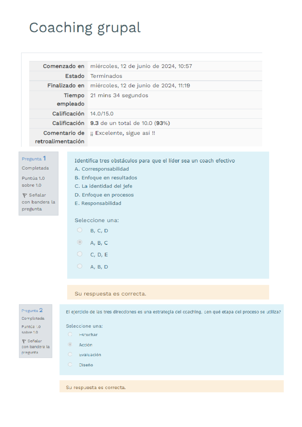 Examen semana 6 Coaching Grupal - Coaching grupal Comenzado en miércoles, 12 de junio de 2024 ...