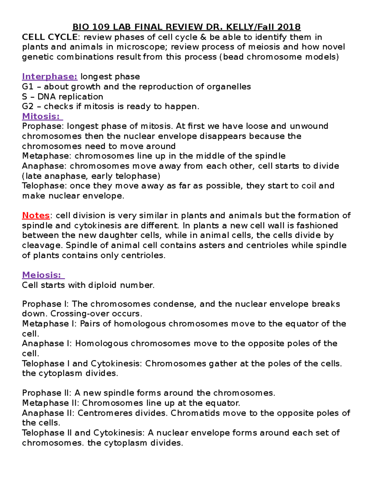 BIO 109 LAB Final Review - BIO 109 LAB FINAL REVIEW DR. 2018 CELL CYCLE ...