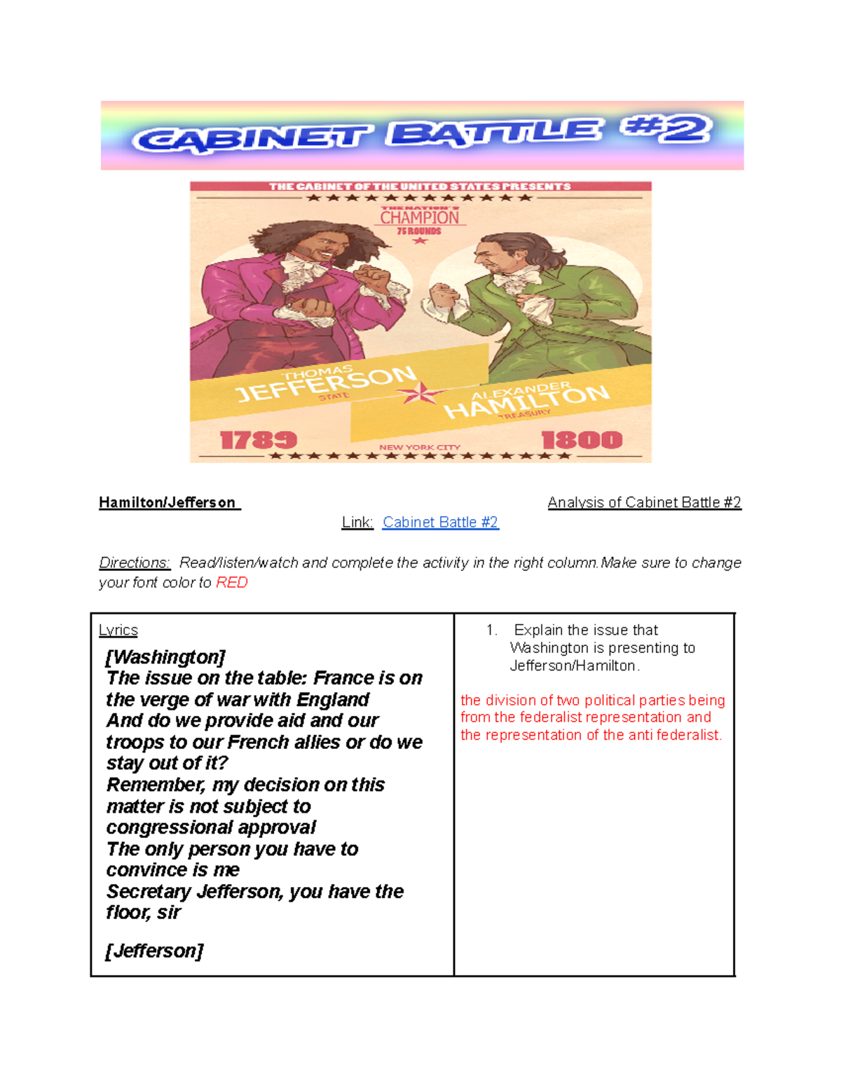 Cabinet Battle #2 - Hamilton v. Jefferson - Hamilton/Jefferson Analysis ...