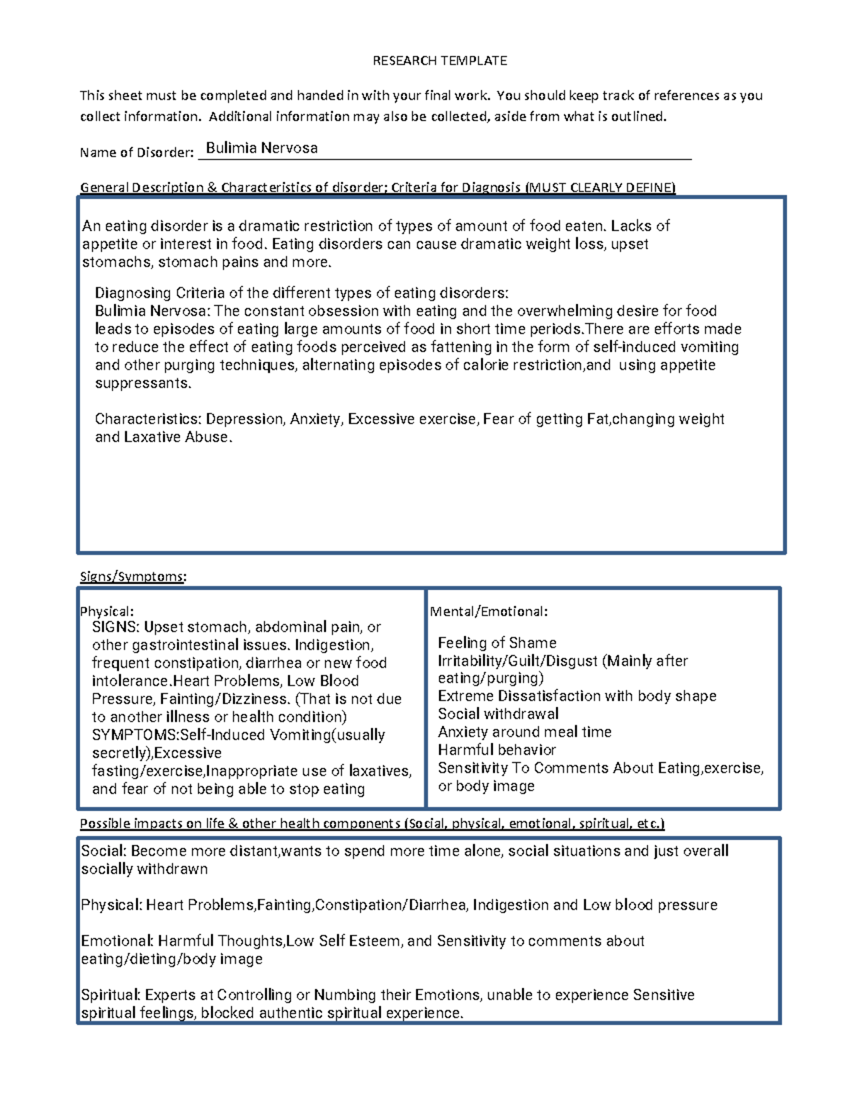 Health Research Paper - RESEARCH TEMPLATE This sheet must be completed ...