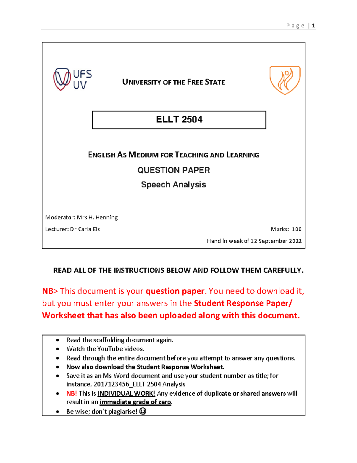 ELLT 2504 Speech Analysis Assessment Question Paper - UNIVERSITY OF THE ...