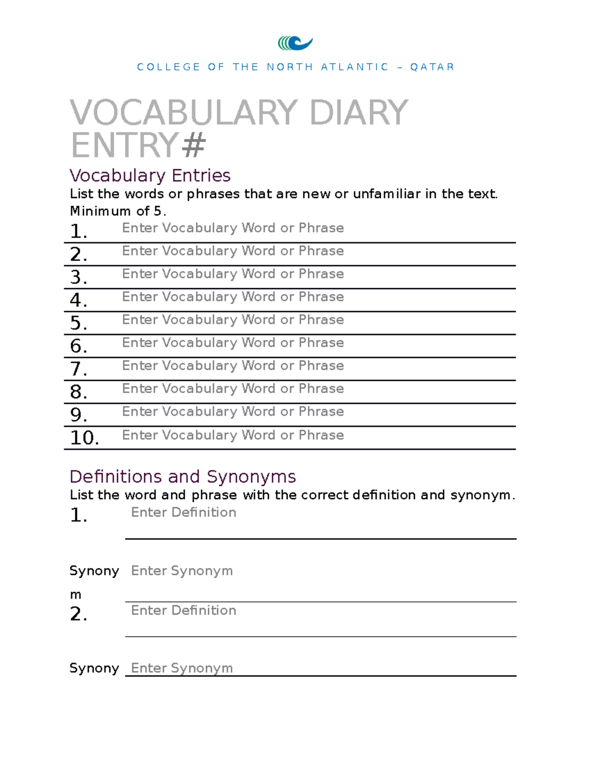 Diary-electronic-worksheet - VOCABULARY DIARY ENTRY# Vocabulary Entries ...