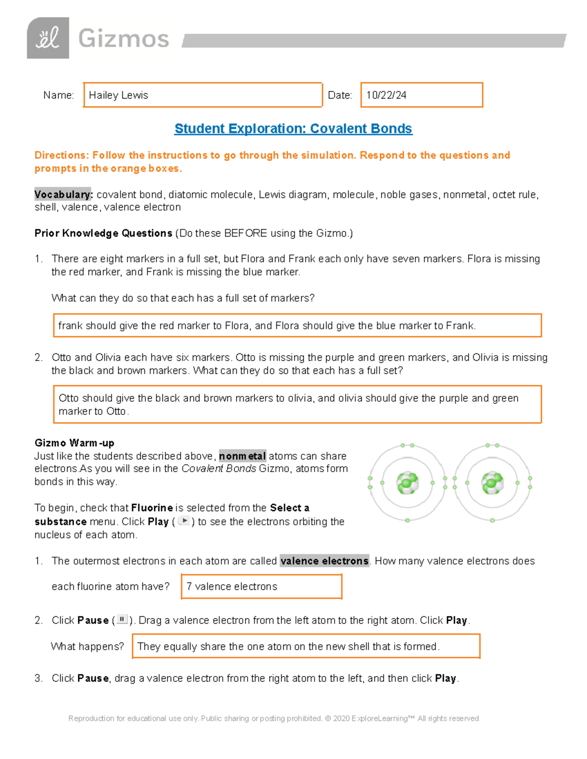 Hailey Lewis - Covalent Bonds Gizmo - 10106086 - Name: Hailey Lewis ...