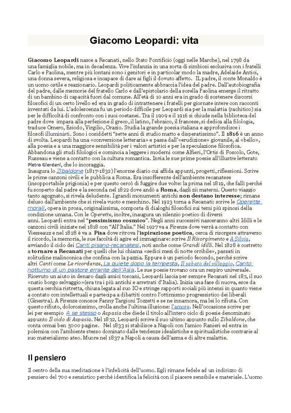 Giacomo Leopardi - Appunti di lezione 1-3 - Letteratura Italiana - Studocu