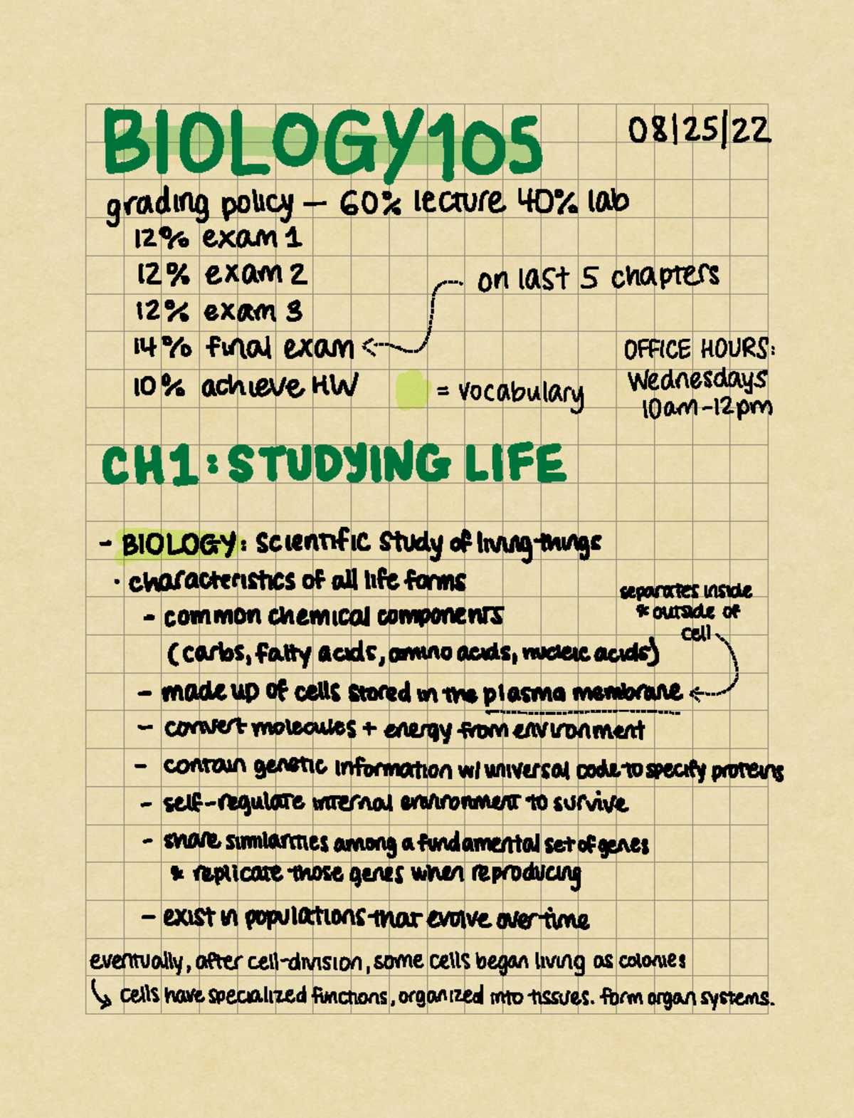 Lecture 1 (Ch 1-2) - BIOLOGY 705 08125122 grading policy 60 lecture 40 ...