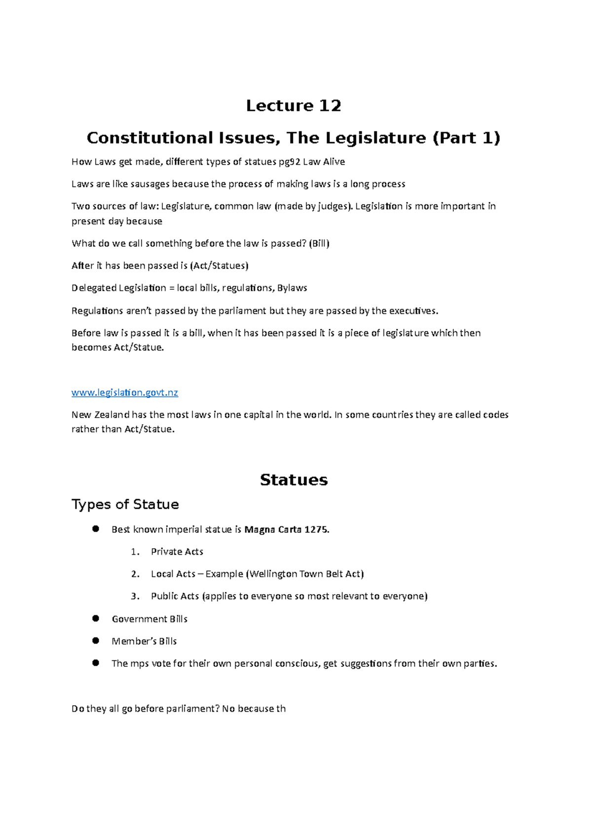 Lecture 12 and 13 - Lecture 12 Constitutional Issues, The Legislature ...