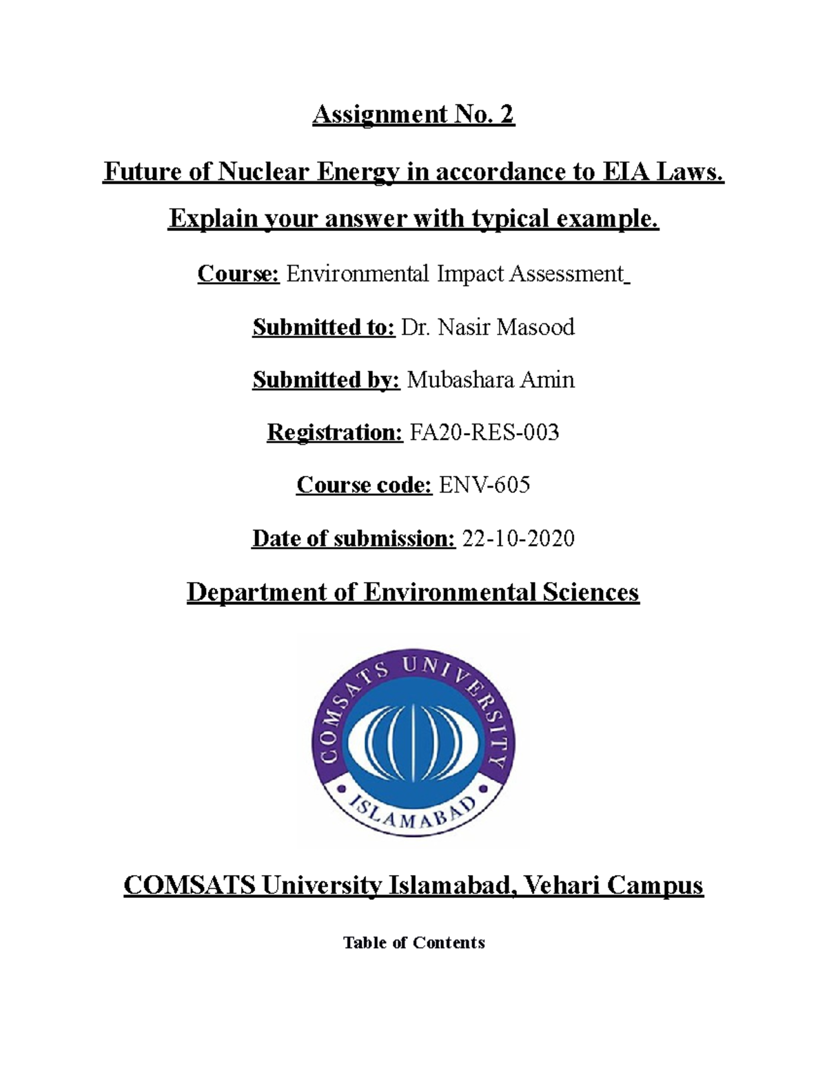 Eia assignment - Lecture notes 7 Assignment about environment and ...
