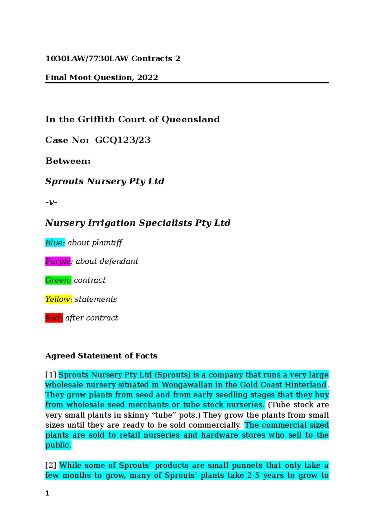 Contracts Final Moot Question 2023 - 1030LAW/7730LAW Contracts 2 Final Moot Question, 2022 In ...