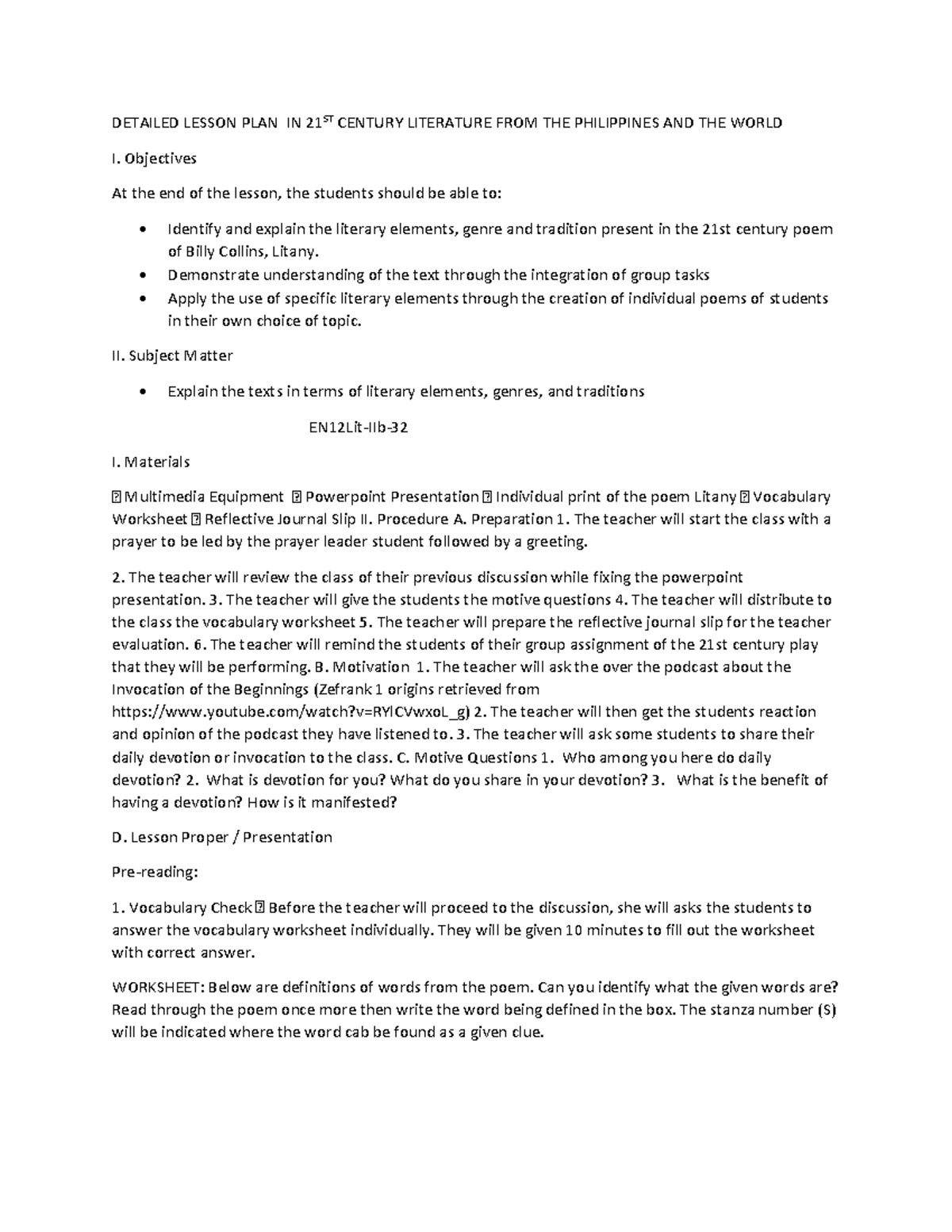 Scribd - Lesson plan - DETAILED LESSON PLAN IN 21ST CENTURY LITERATURE ...