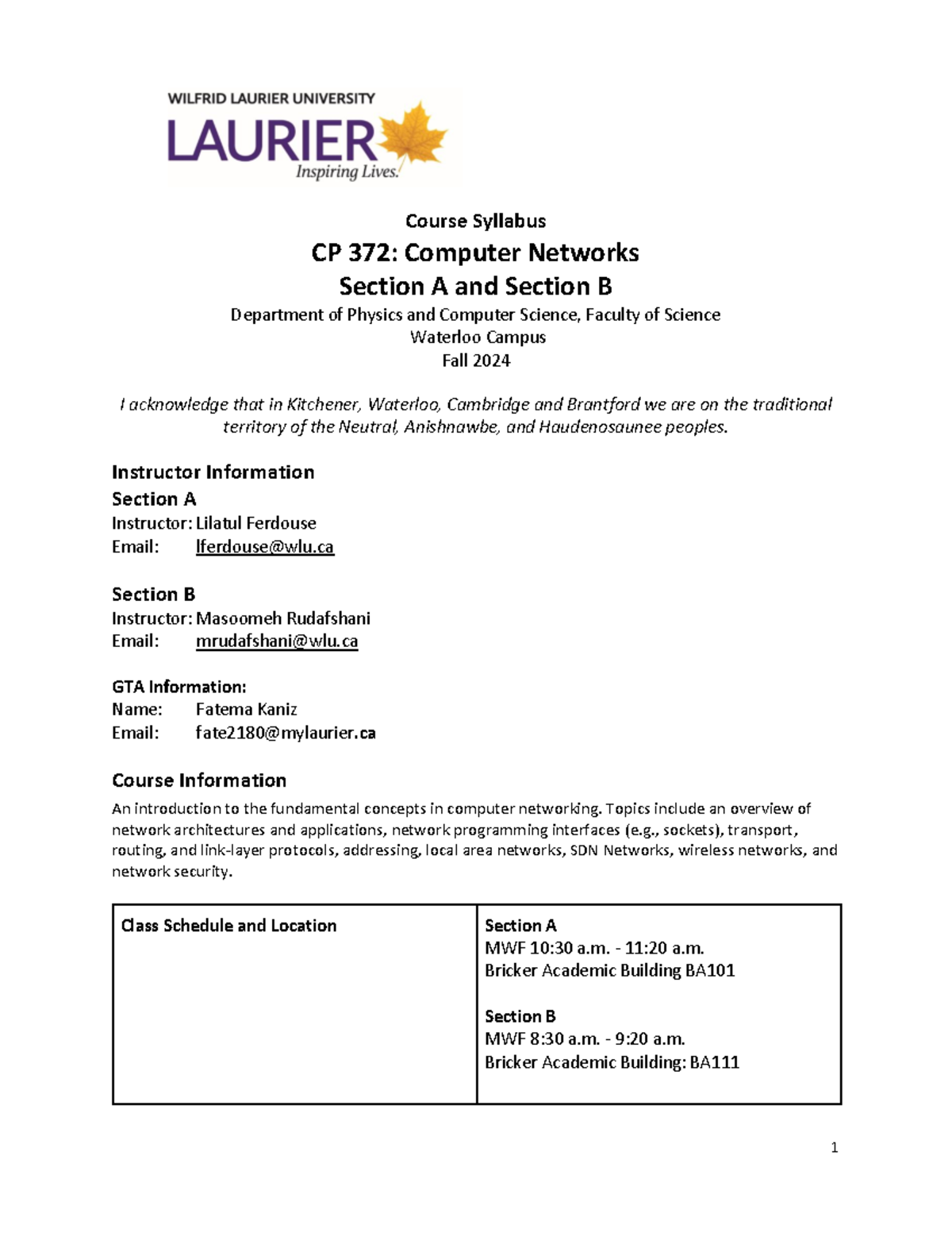 CP372-Syllabus-Fall2024 - Course Syllabus CP 372: Computer Networks Section A and Section B ...