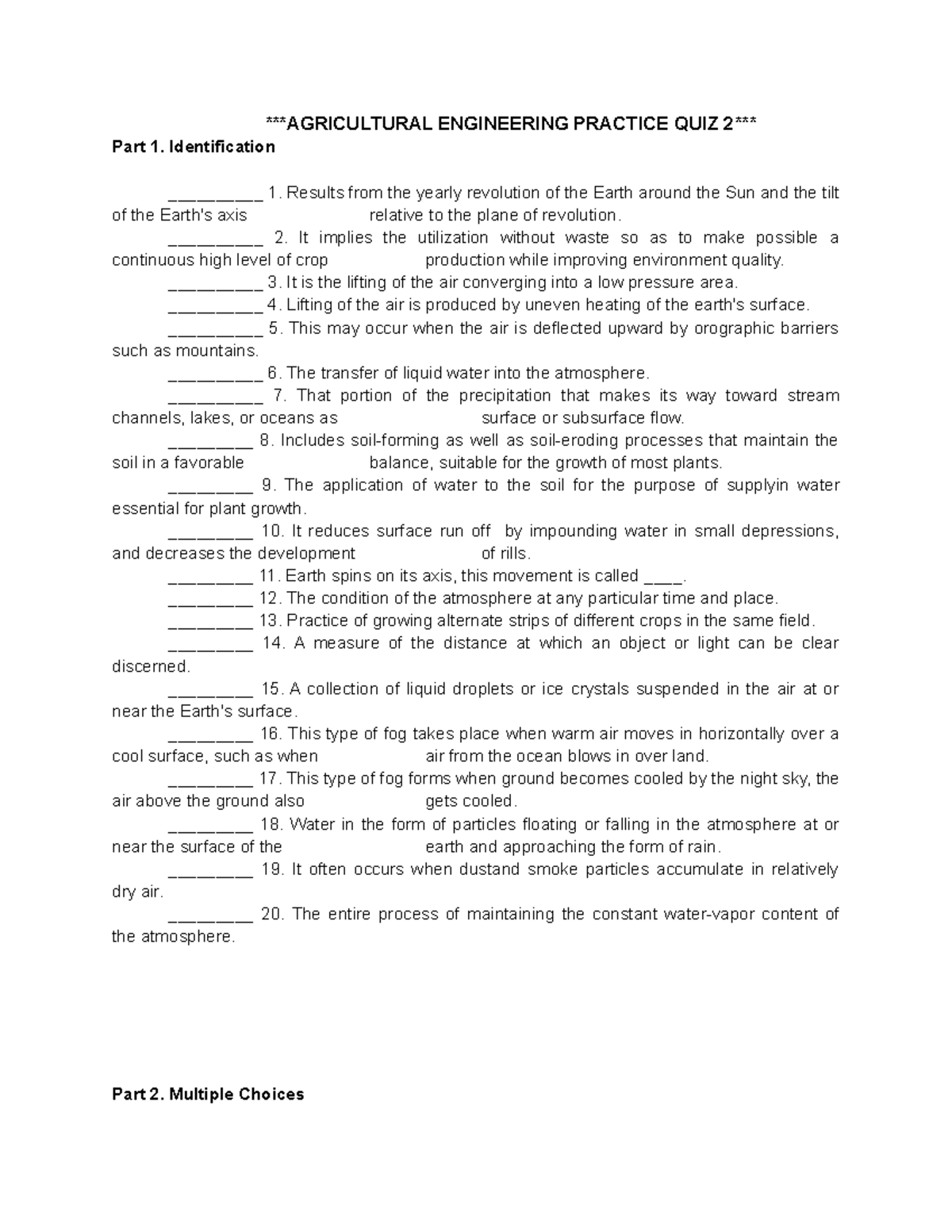 Agricultural Engineering Practice QUIZ 2 - AGRICULTURAL ENGINEERING ...
