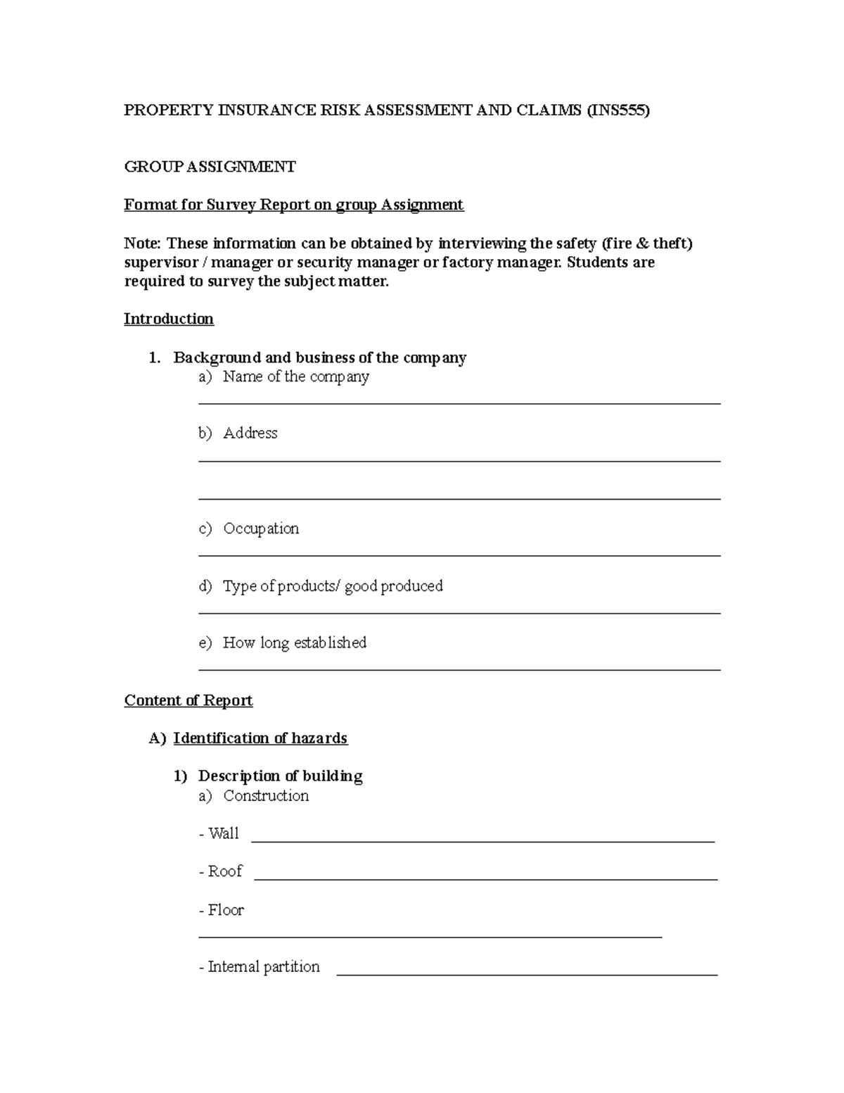 INS555 Survey Form - PROPERTY INSURANCE RISK ASSESSMENT AND CLAIMS ...
