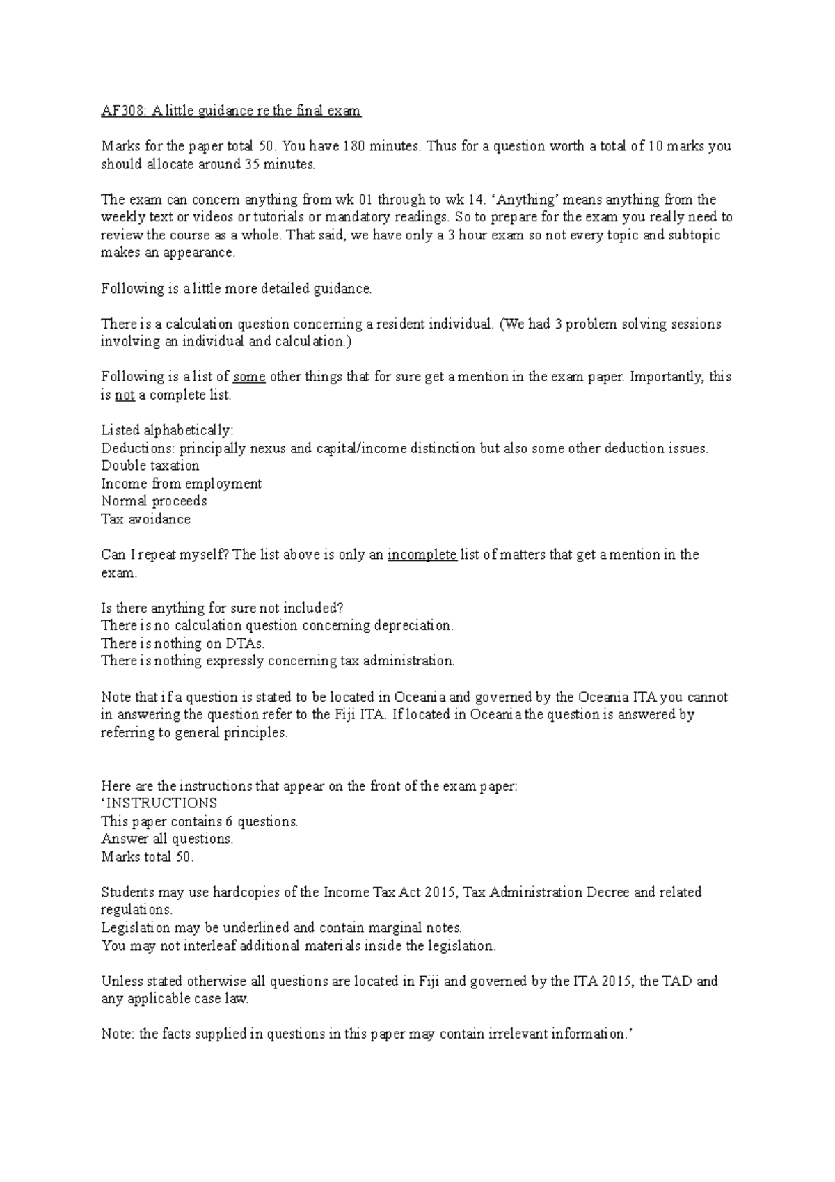 Guidance - paper - AF308: A little guidance re the final exam Marks for ...