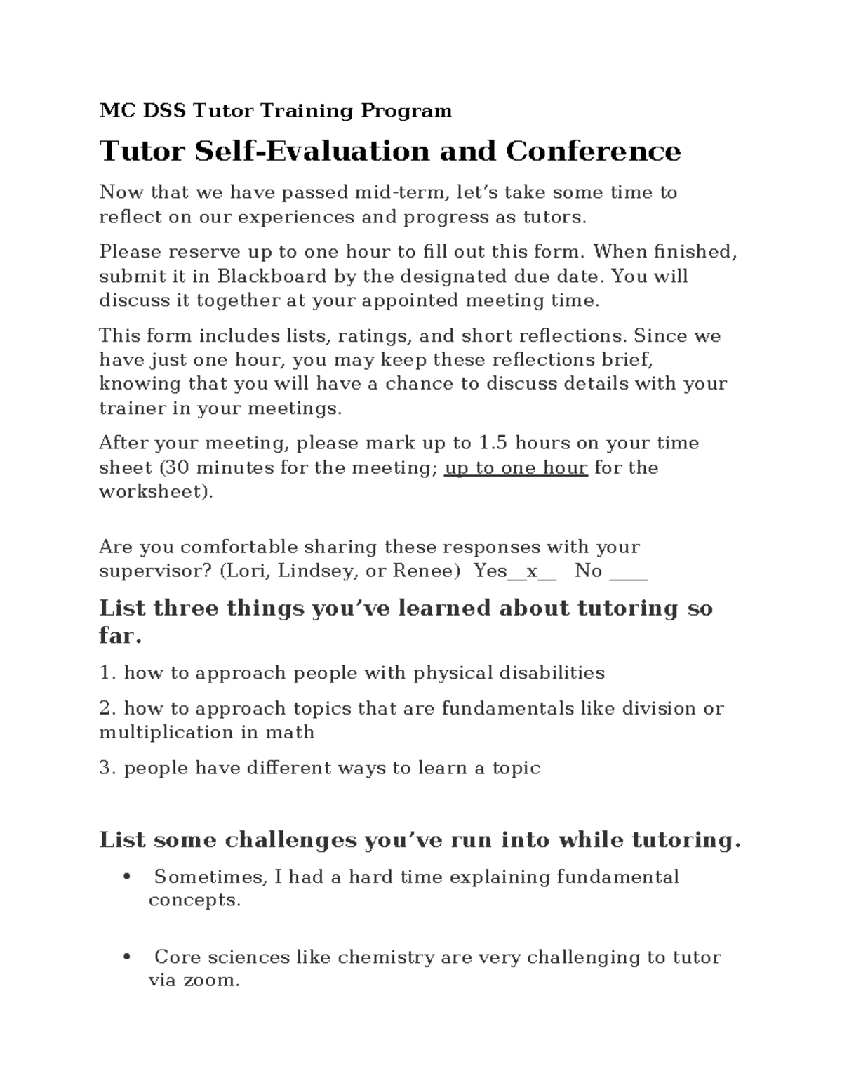 Tutor self evaluation form(1) - MC DSS Tutor Training Program Tutor ...
