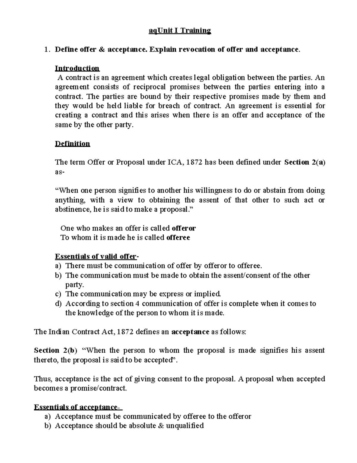 Contract training - aqUnit I Training Define offer & acceptance ...