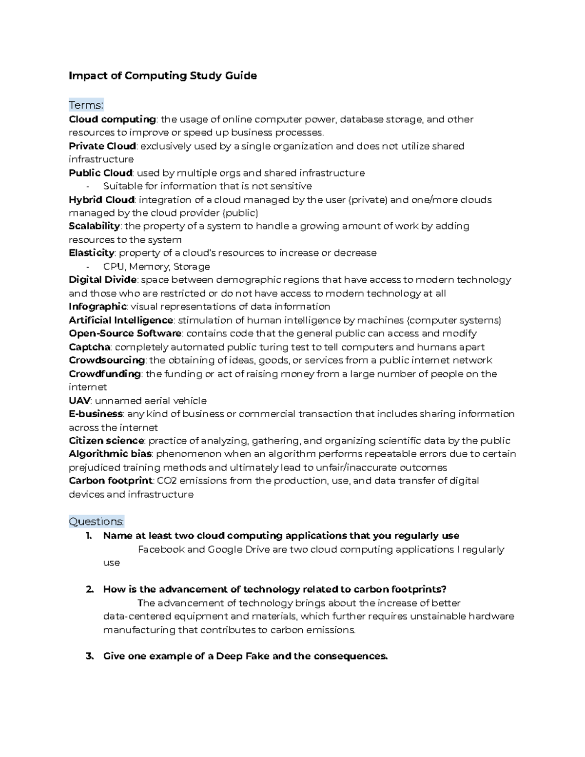 Impact of Computing Study Guide - Impact of Computing Study Guide Terms ...