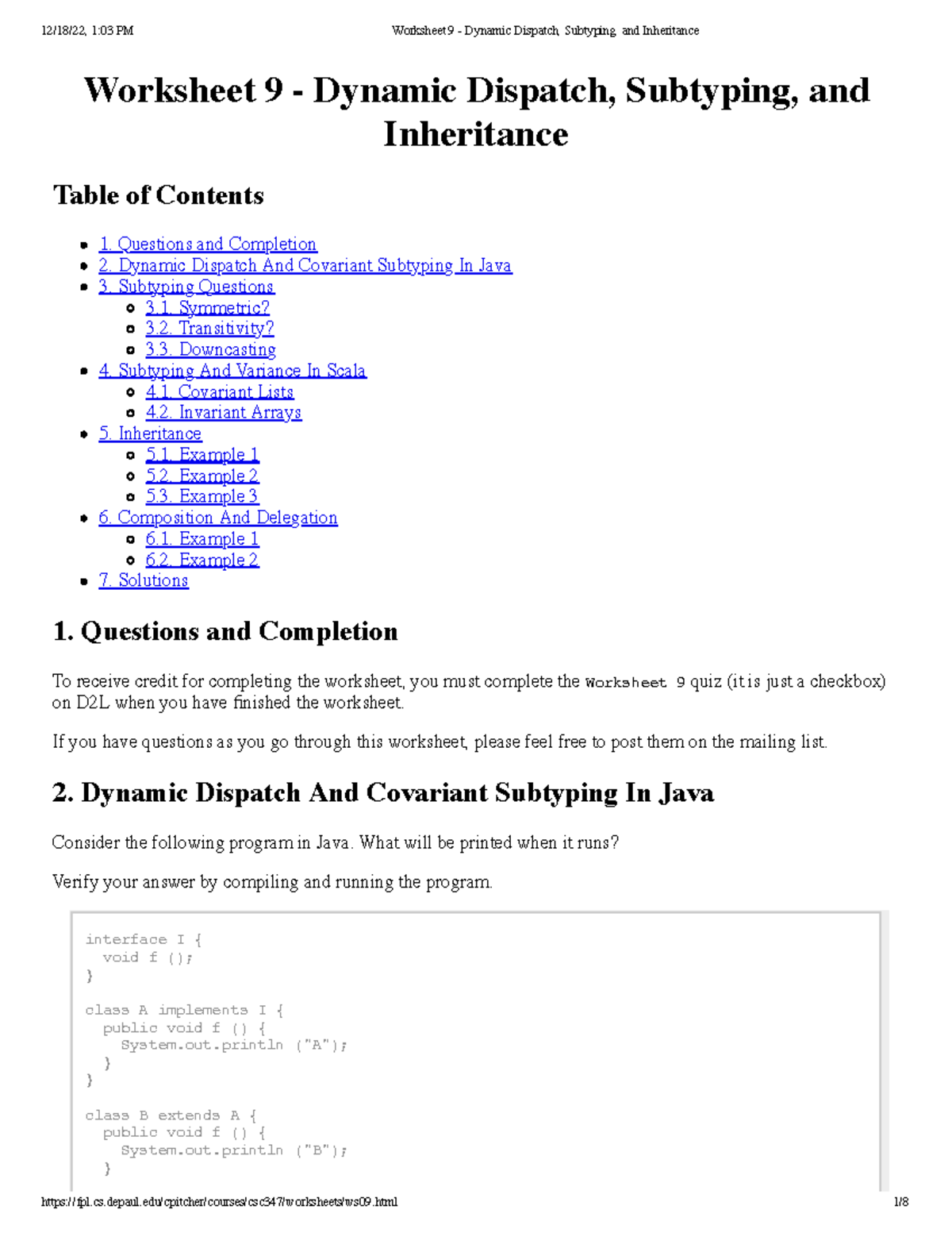 Worksheet 9 - Dynamic Dispatch, Subtyping, and Inheritance - Questions and Completion 2. Dynamic ...