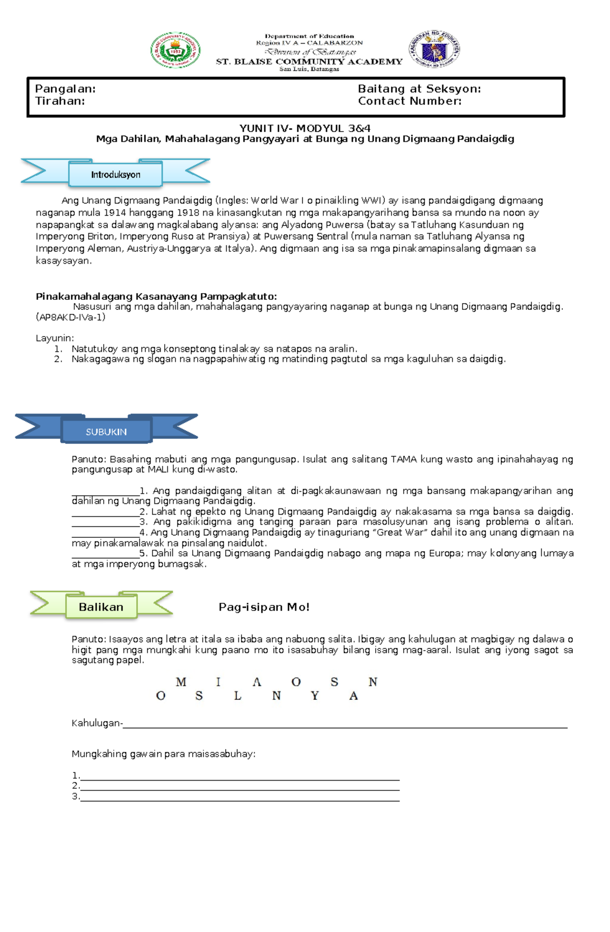 Ap grade 8 module 1 4th quarter - ARALING PANLIPUNAN 8 YUNIT IV- MODYUL 3& Mga Dahilan, - Studocu