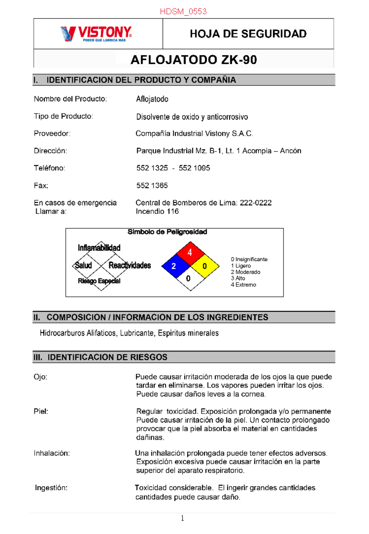 HOJA DE Seguridad Aflojatodo Vistony ZK-90 - Química II - HDSM_ - Studocu