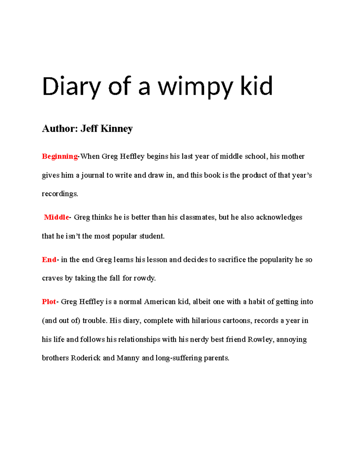Wimpy - book report - Diary of a wimpy kid Author: Jeff Kinney ...