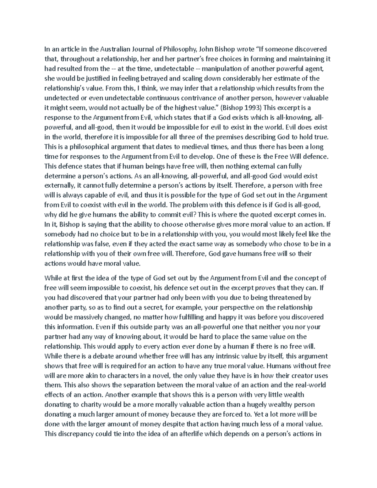 Philosphy Essay 1 Final - In an article in the Australian Journal of ...