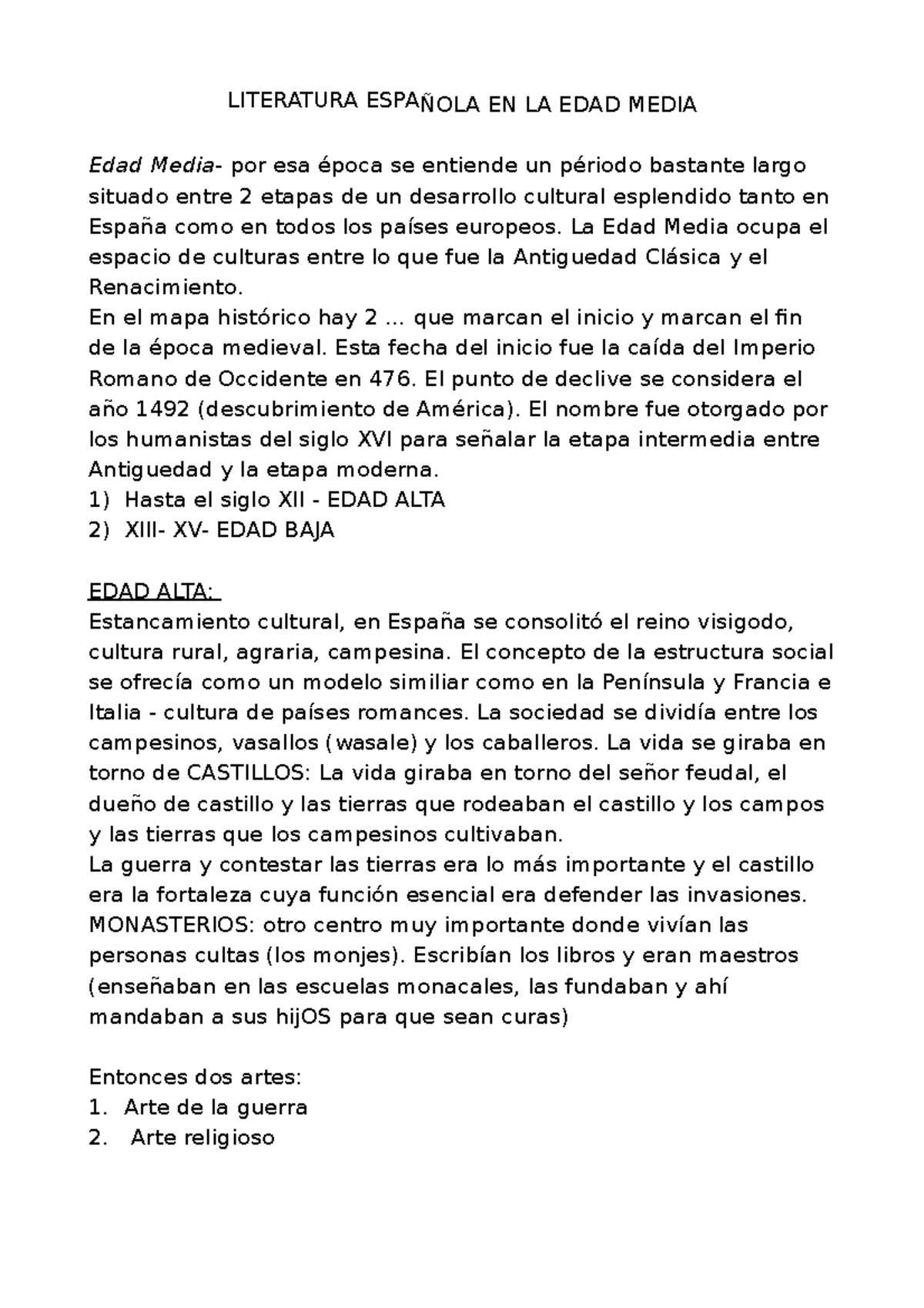 Literatura española - notatki z literatury - LITERATURA ESPAÑOLA EN LA ...