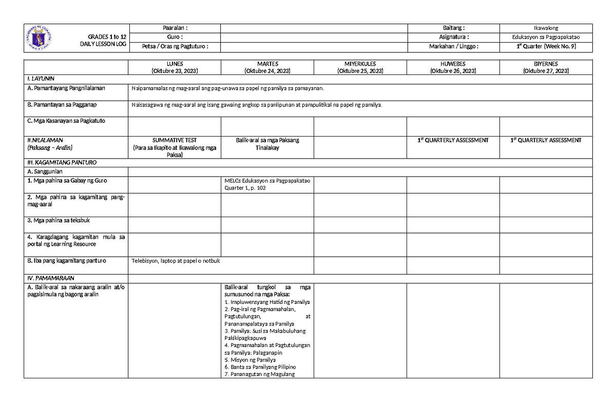 DLL-ESP8 W9 - Copy - DLL - GRADES 1 to 12 DAILY LESSON LOG Paaralan ...