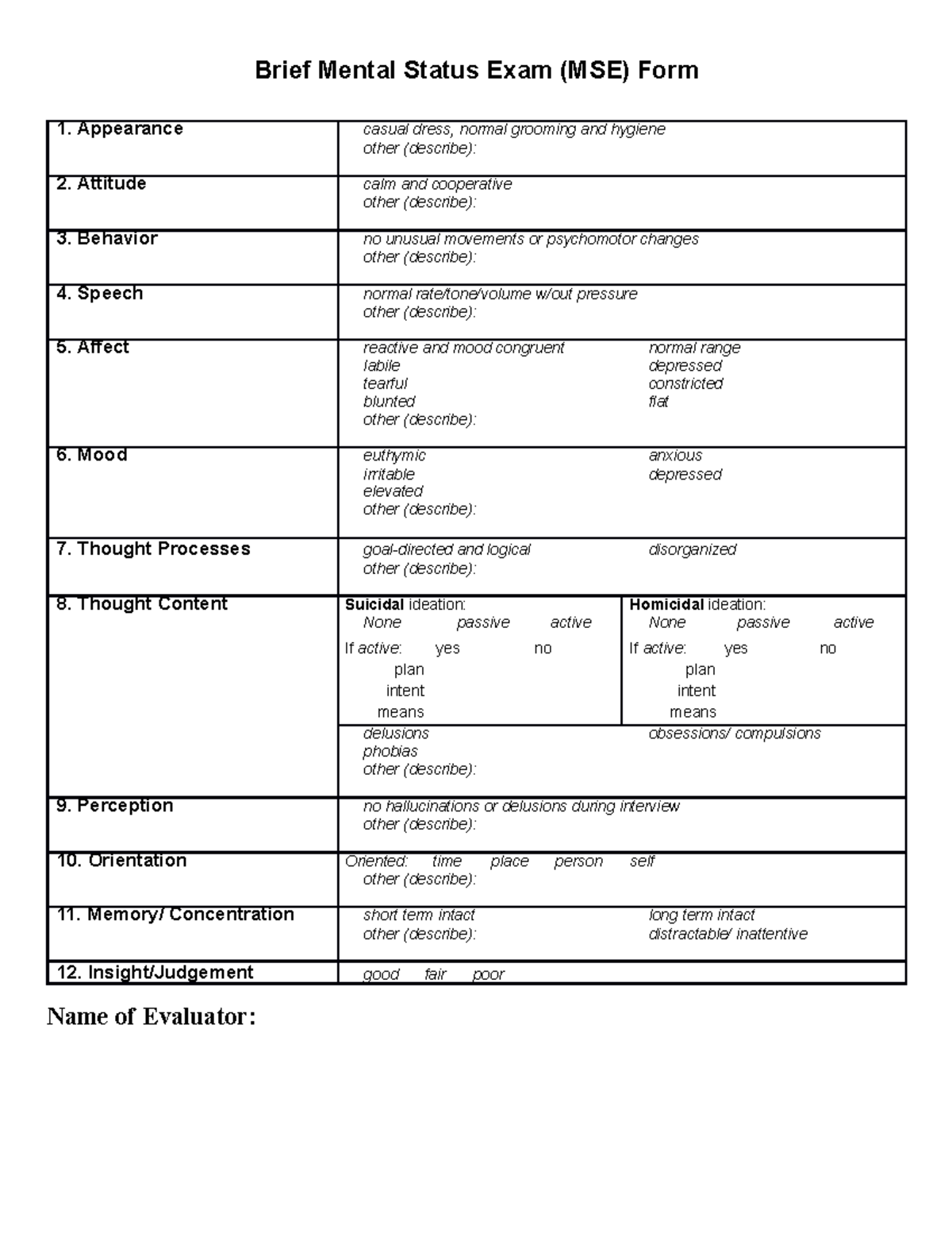 Mental Status Exam - Appearance casual dress, normal grooming and ...