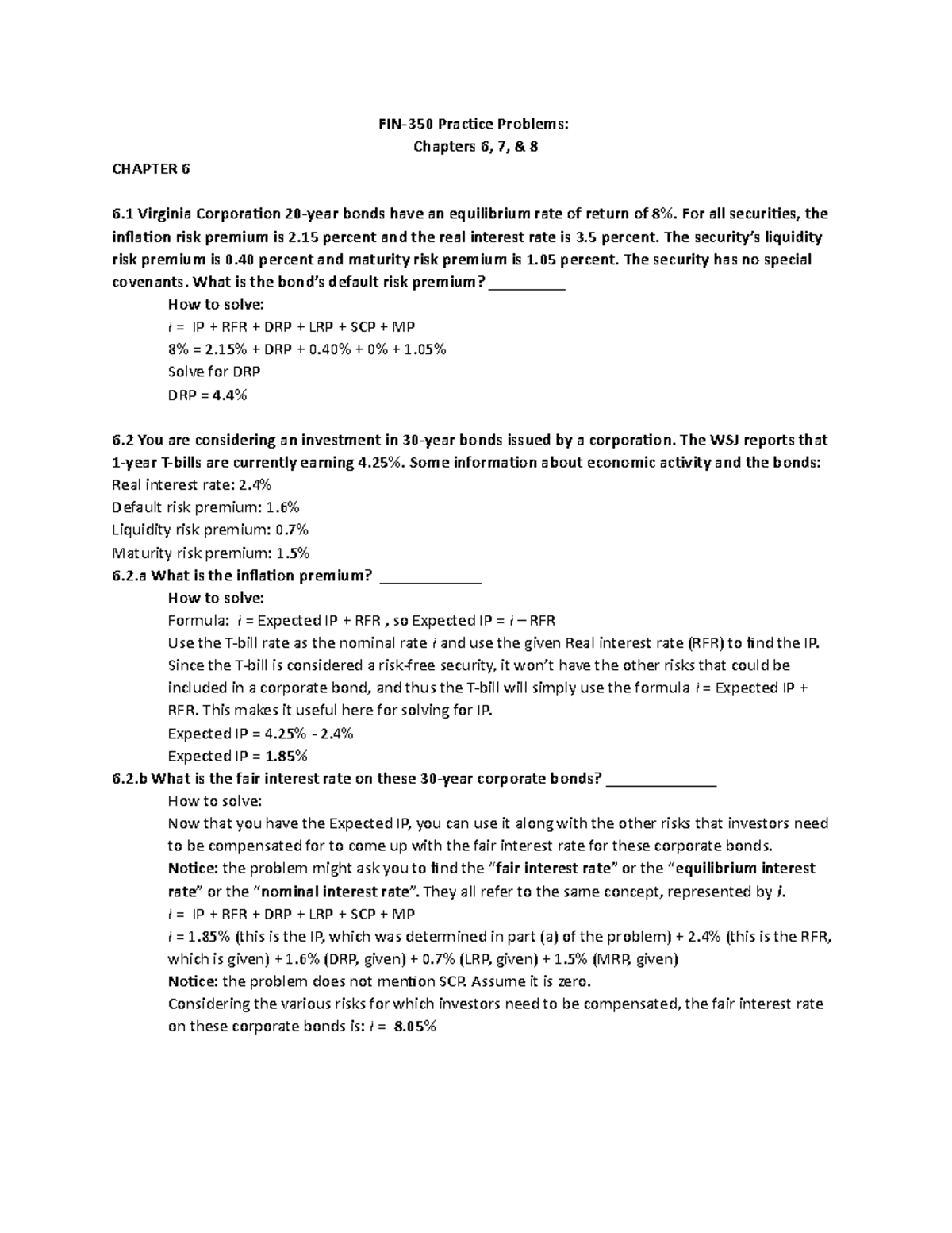 Practice Problems CH 6-7-8 w Answers - FIN-350 Practice Problems ...