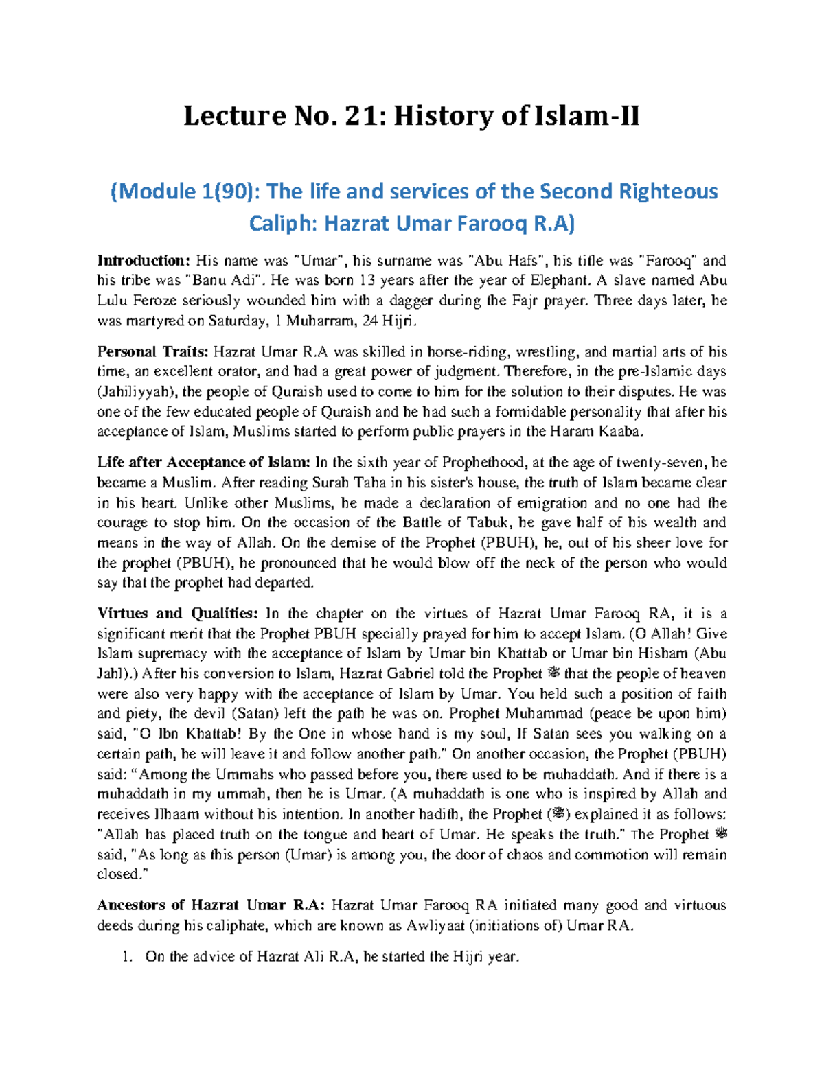 Handouts Lecture 21 ISL202 (English) - Lecture No. 21: History of Islam ...