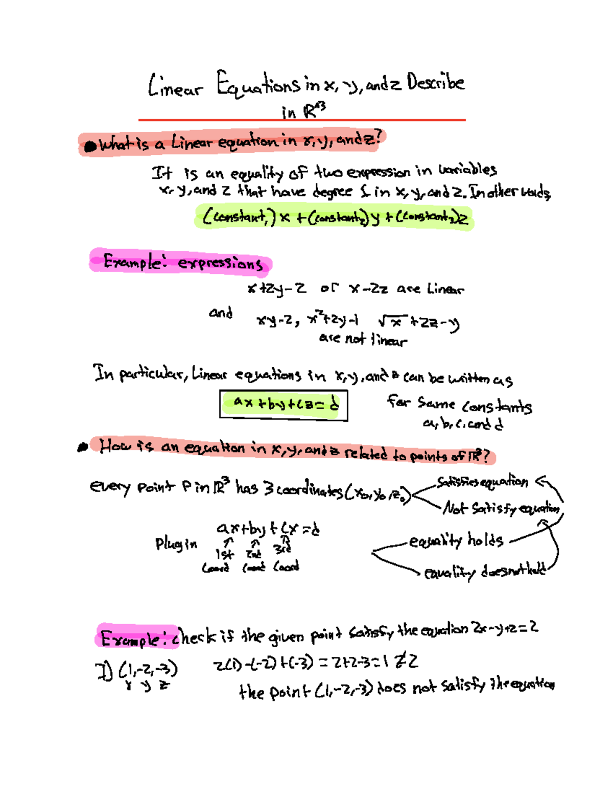 Math 1229 notes - Linear Equations in x y and Describe in R 3 000 What ...