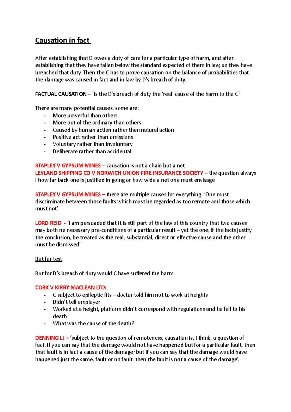 Causation in fact notes - Causaion in fact Ater establishing that D ...