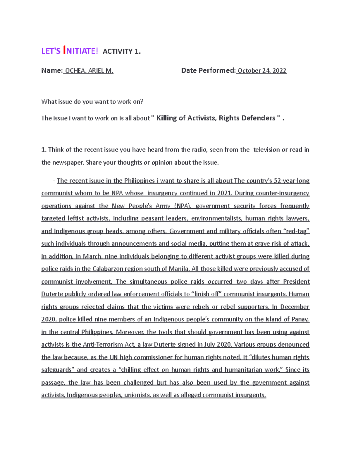 Week 11 Activity ( Ochea, Ariel M - LET'S INITIATE! ACTIVITY 1. Name ...