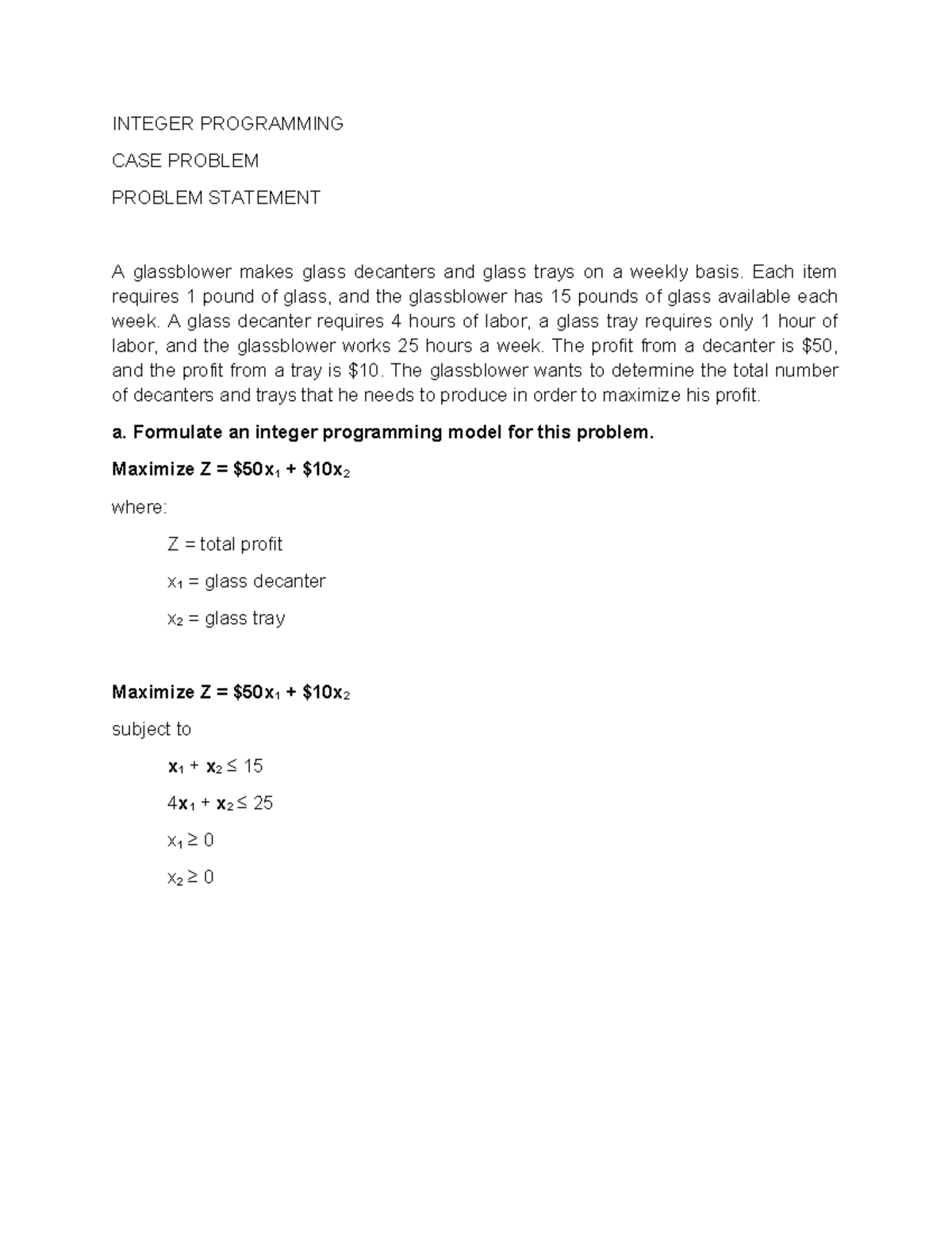 467019917 Paredes Micaela BSA 2 2 Integer Programming Answers 5 1 Glassblower Case Problem docx ...