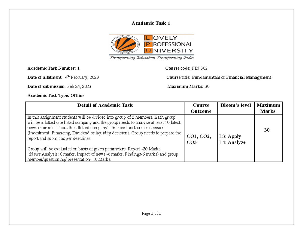 A39980602 23507 4 2023 CA1FIN302 - Academic Task 1 Academic Task Number ...