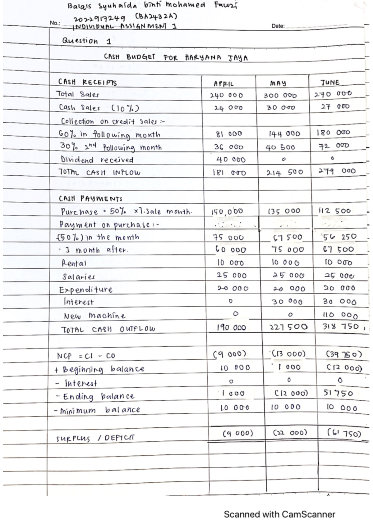 Individual Cash Budget Assignment 1 Fin420 Human Resource Management