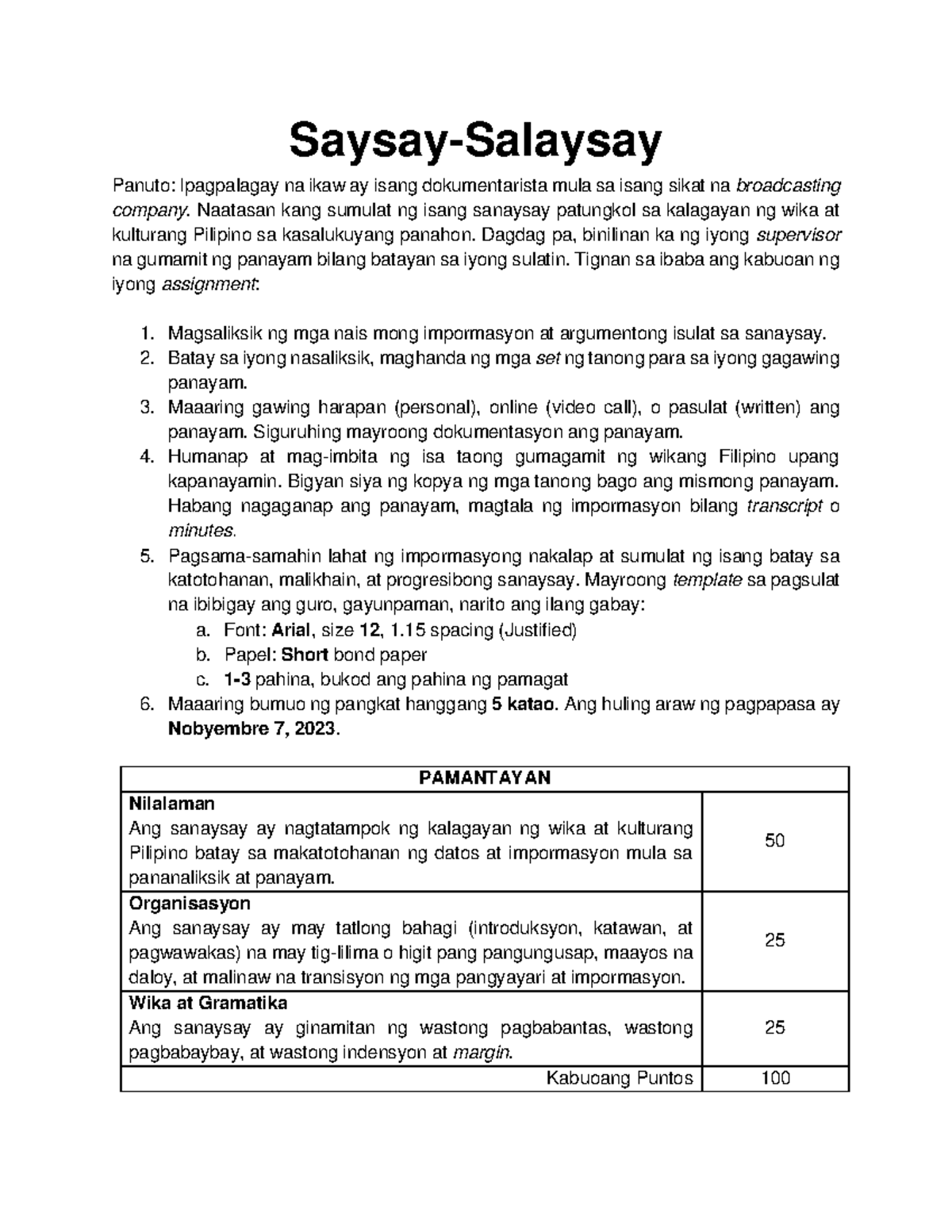 KOMU Unang Markahan Pinal na Awtput - Saysay-Salaysay Panuto ...