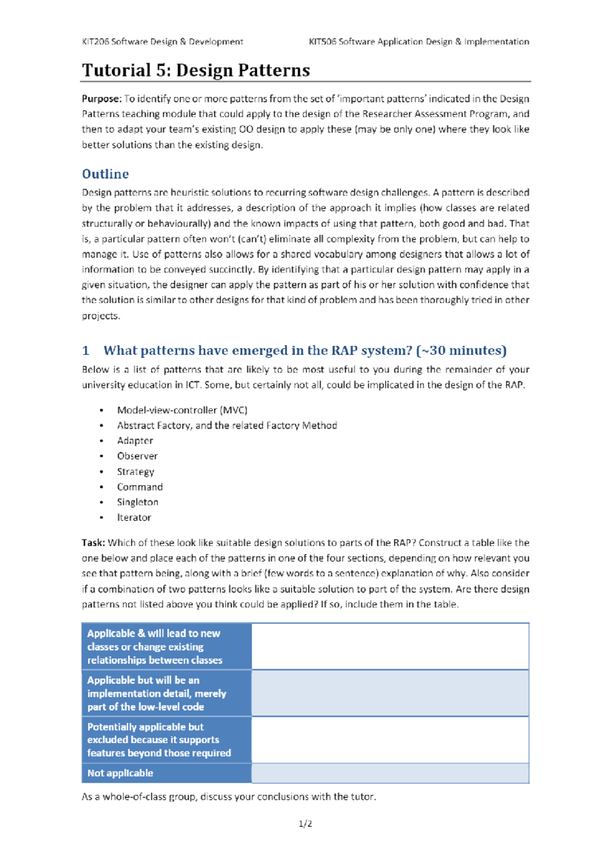 Tutorial 05 Identifying And Implementing Design Patterns Week 6 Kit206 Kit506 Software