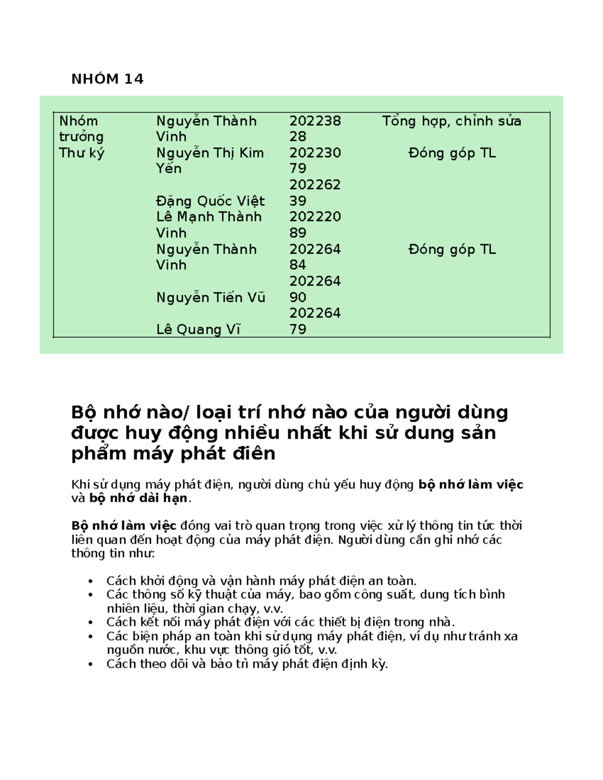 14 BTN5 - rất oke - NHÓM 14 Nhóm trưởng Nguyễn Thành Vinh 202238 28 Tổng hợp, chỉnh sửa Thư ký ...