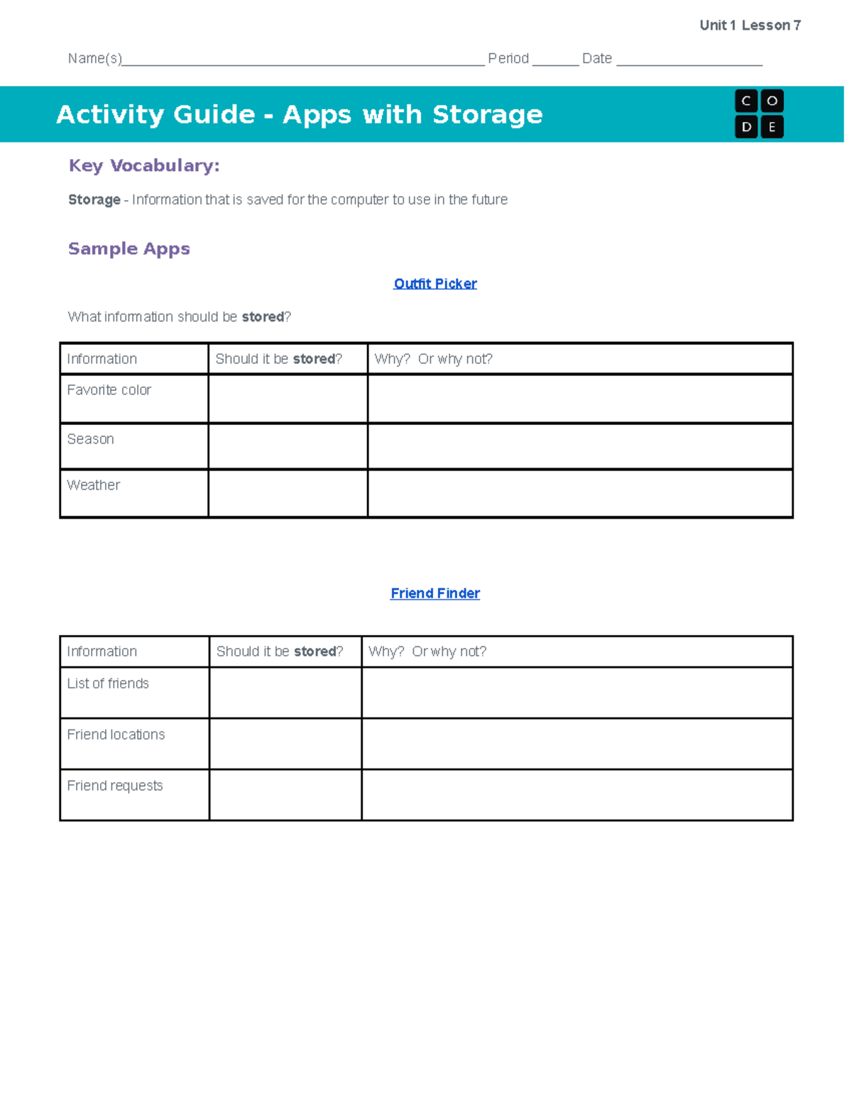 CSD Activity Guide Storage - Unit 1 Lesson 7 Name(s
