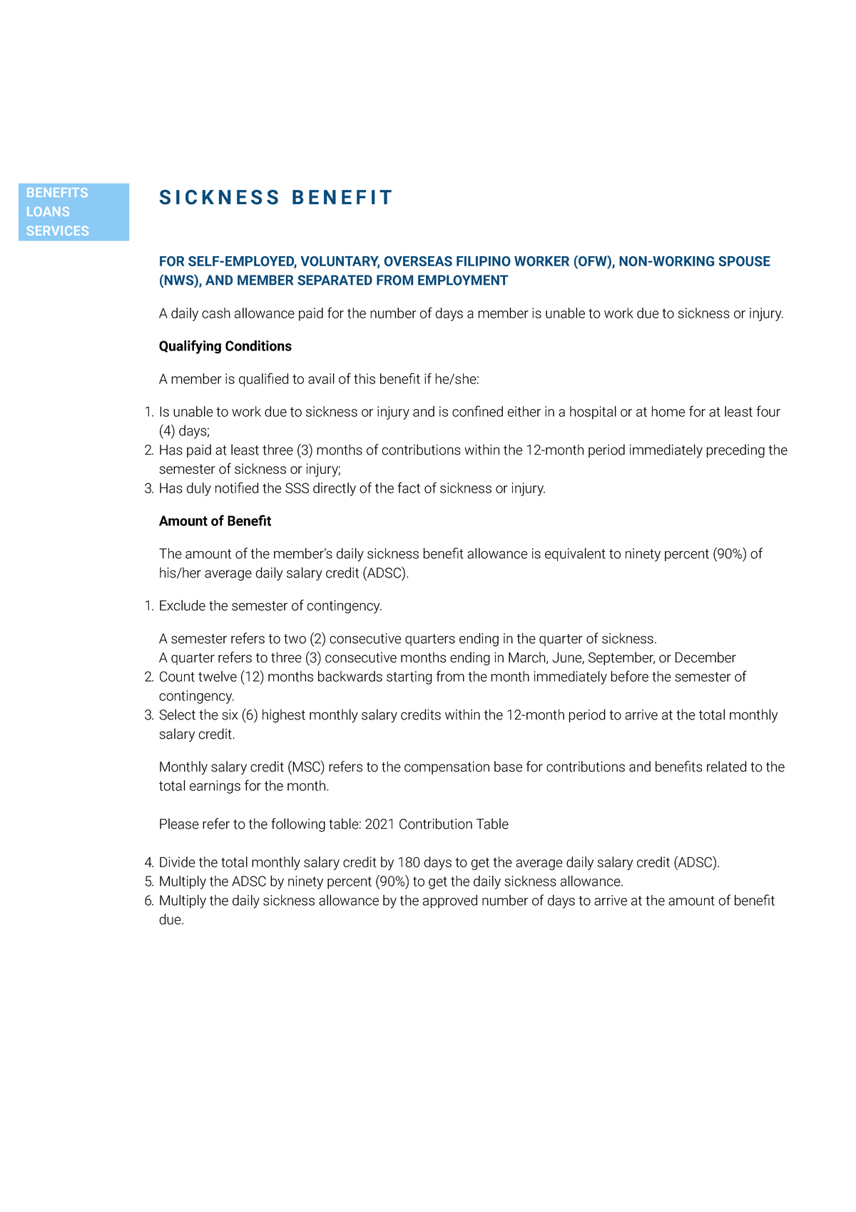 SSS Maternity & Sickness guidelines - BENEFITS LOANS SERVICES SICKNESS ...
