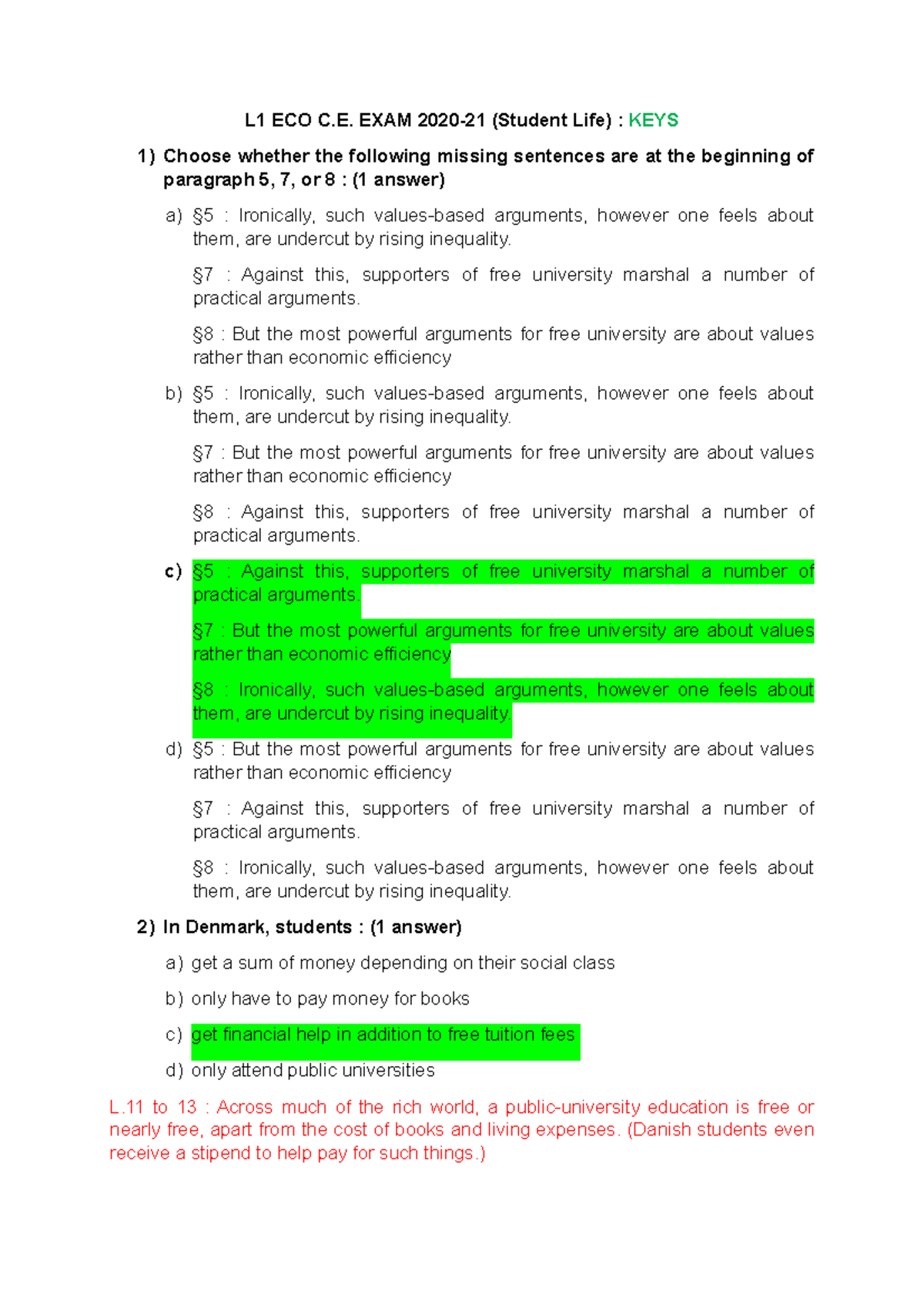 Practice CE Exam answers (Student life) - L1 ECO C. EXAM 2020-21 ...