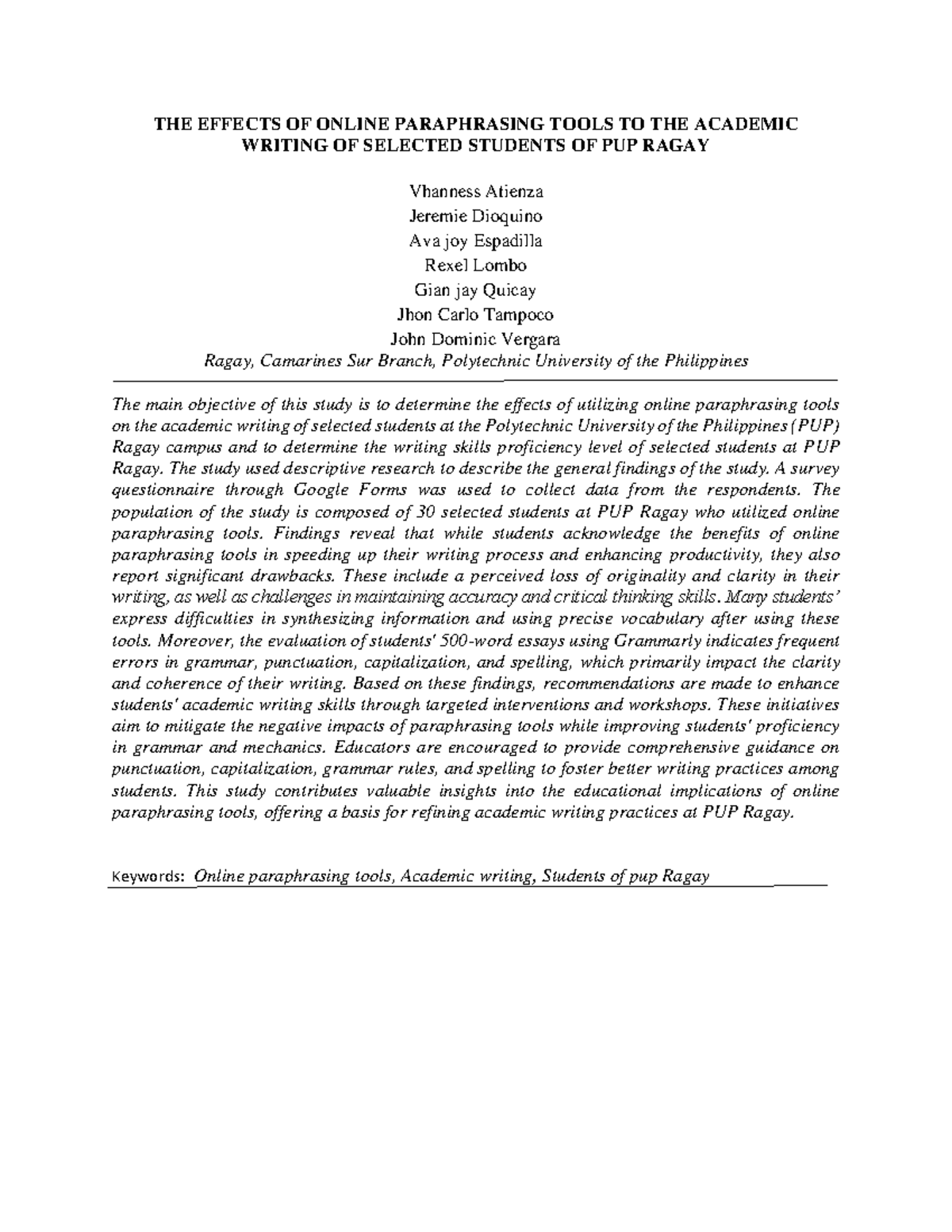 THE Effects OF Online Paraphrasing Tools TO THE Academic Writing OF ...