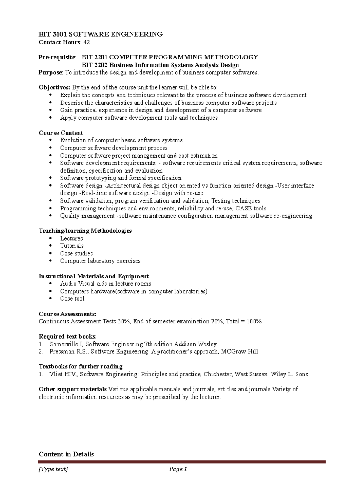 BIT 3101 Software Engineering Course Content - BIT 3101 SOFTWARE ENGINEERING Contact Hours: 42 ...
