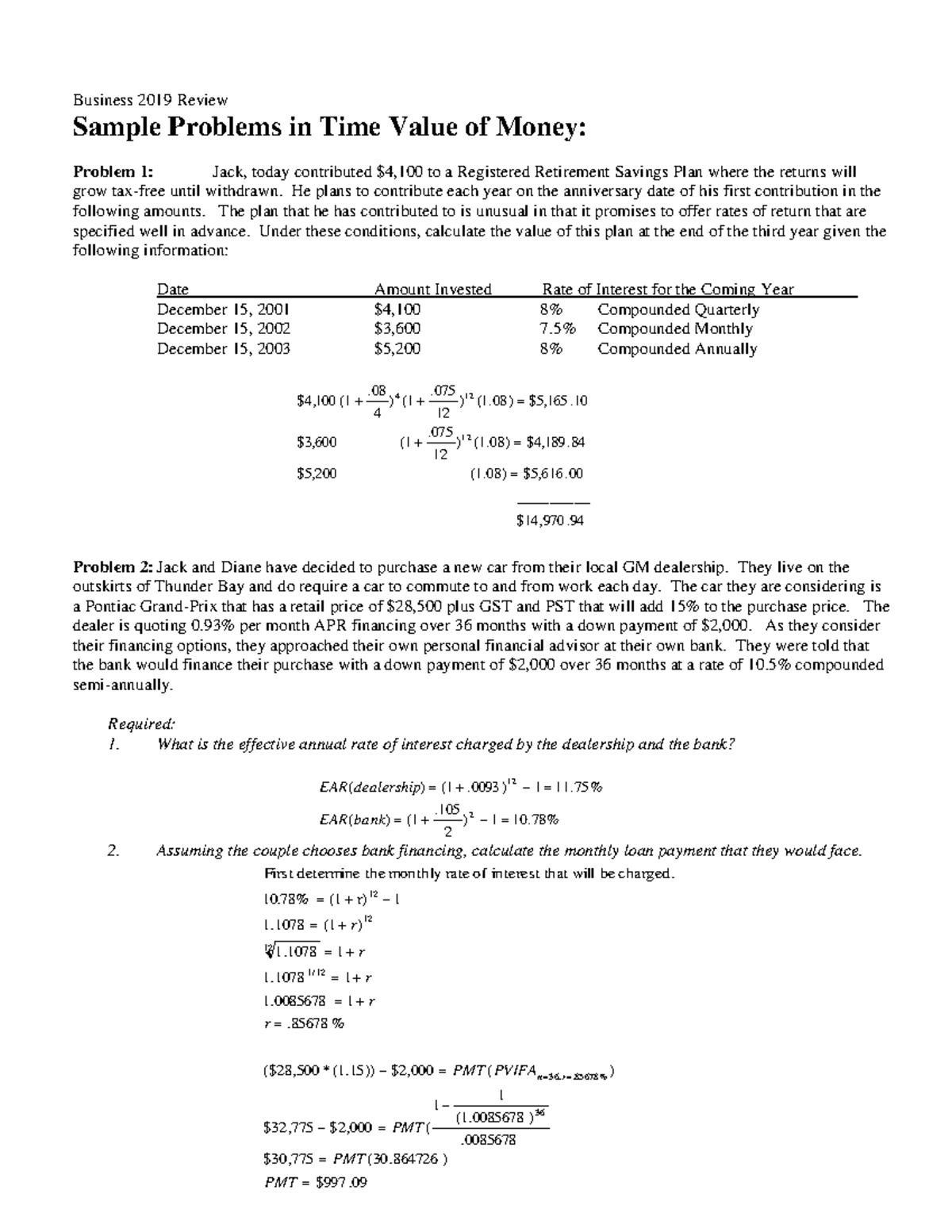 Class handout on time value of money- solutions - Business 2019 Review Sample Problems in Time ...