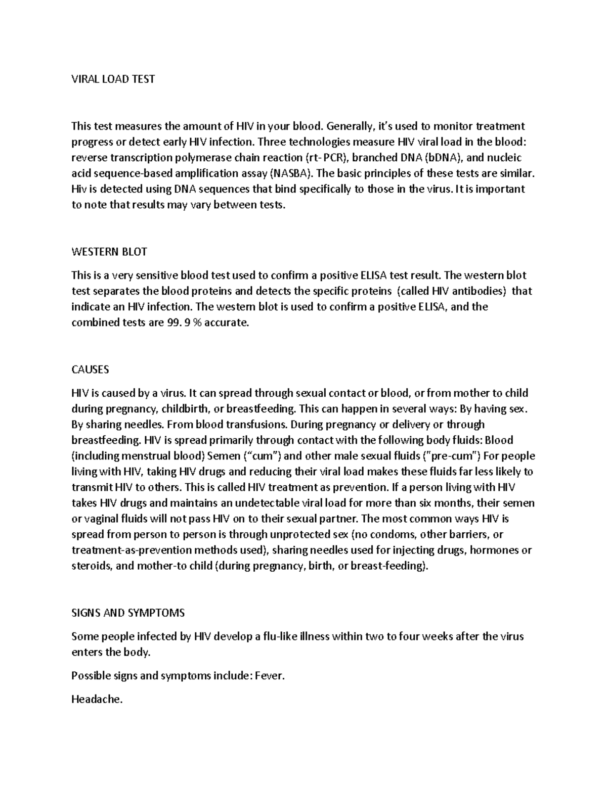 Nurse notes 2... - VIRAL LOAD TEST This test measures the amount of HIV ...