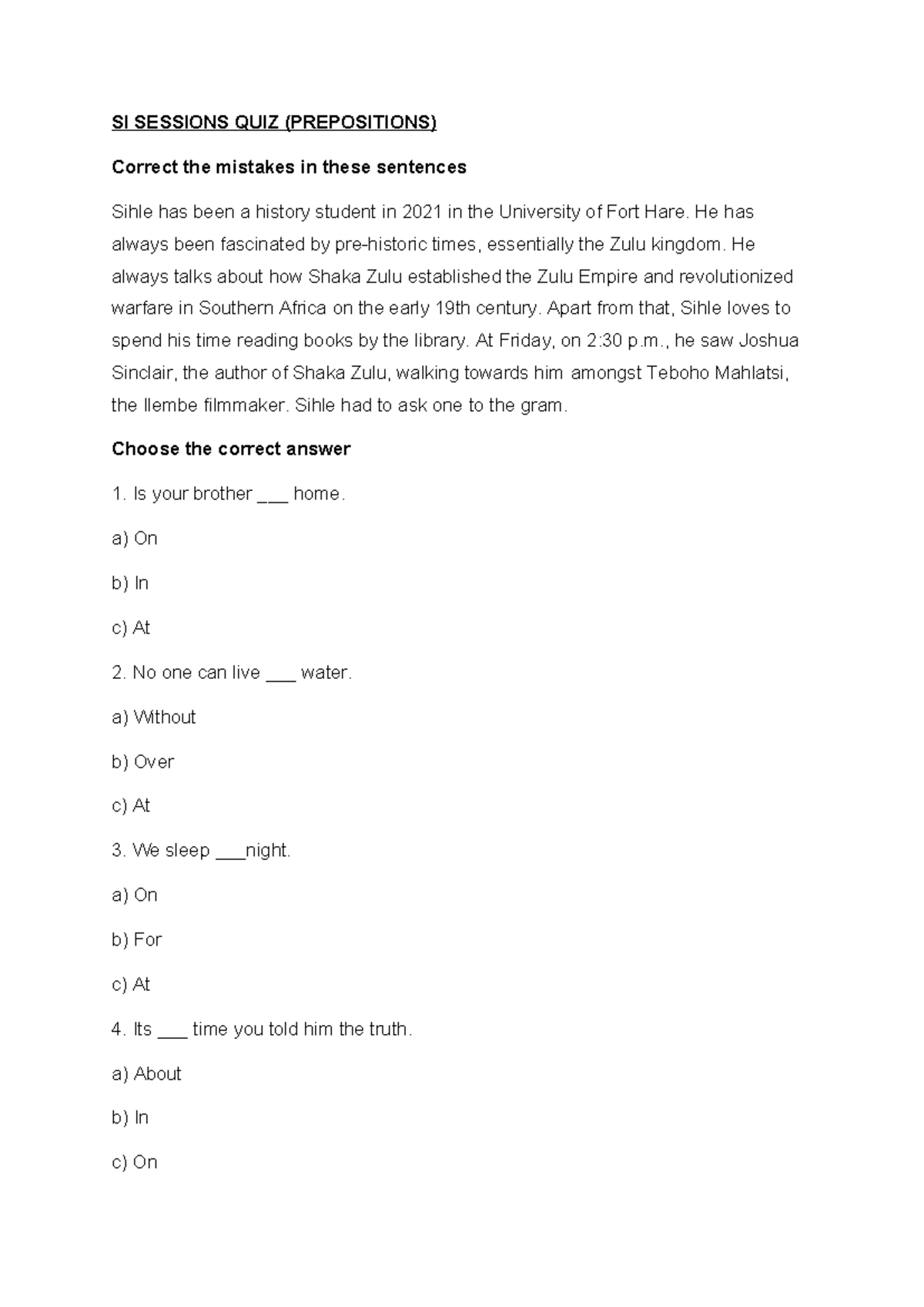 SI Sessions QUIZ ( Prepositions) - SI SESSIONS QUIZ (PREPOSITIONS ...