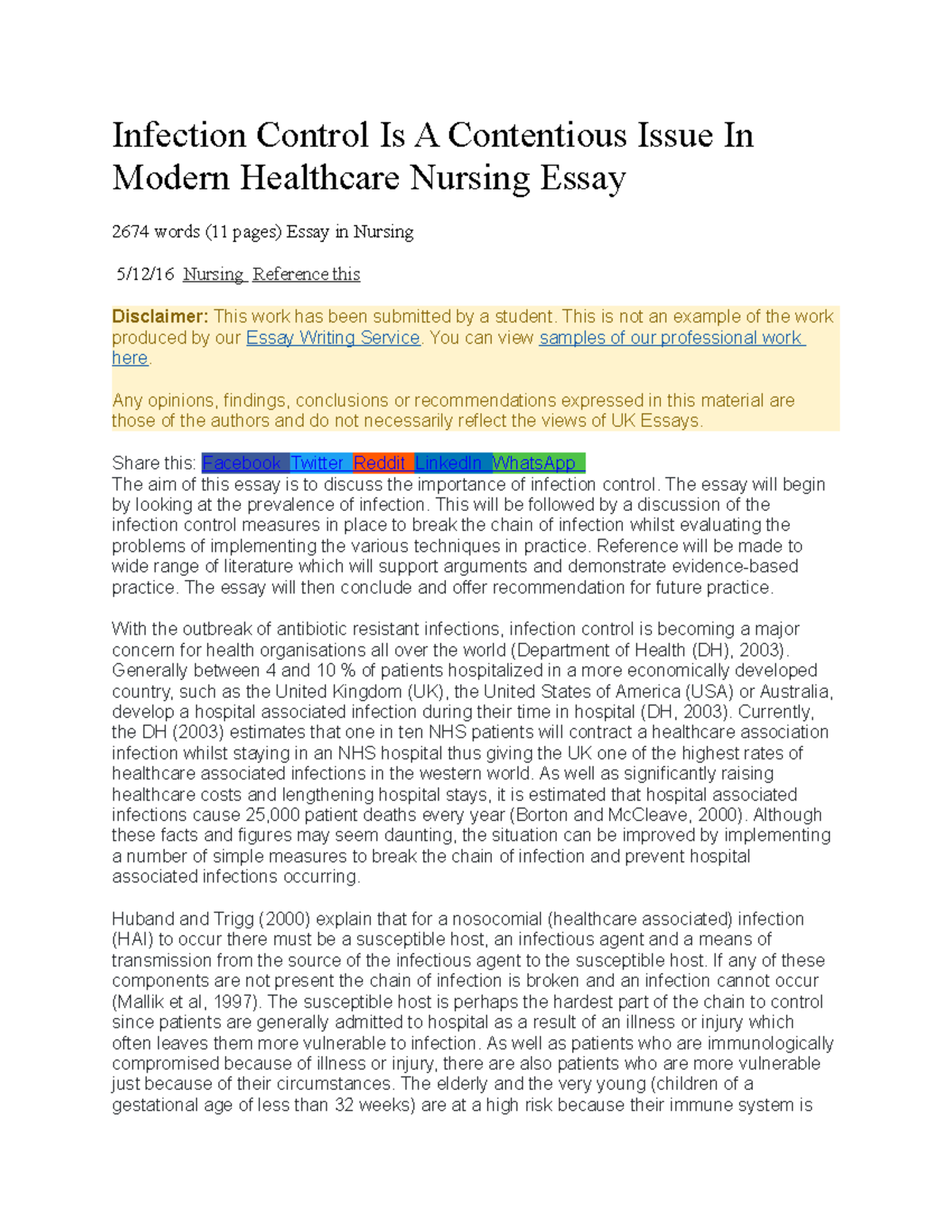 Essay writing 13 - trds - Infection Control Is A Contentious Issue In ...