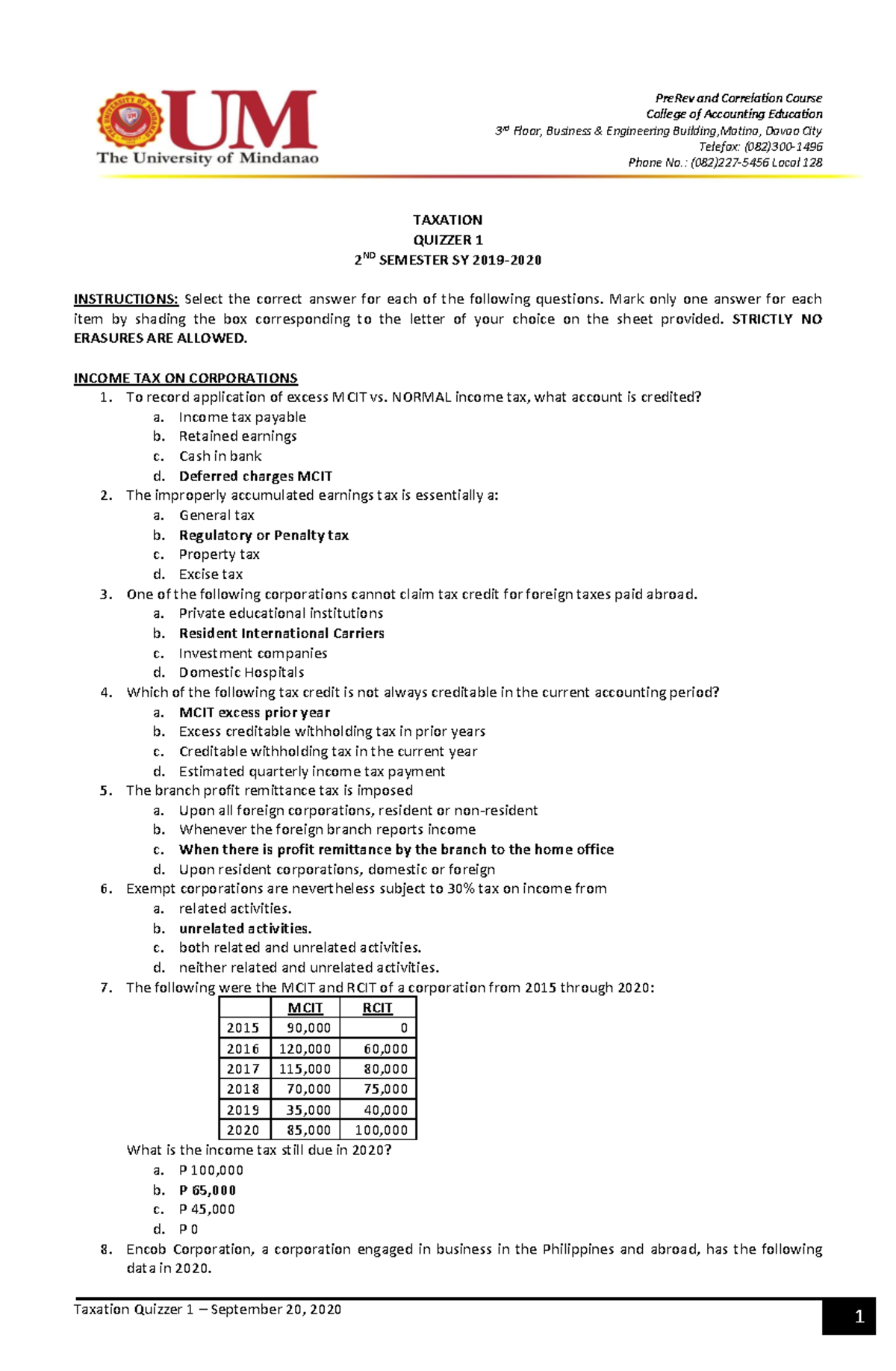Quiz On Taxation PreRev And Correlation Course College Of Accounting