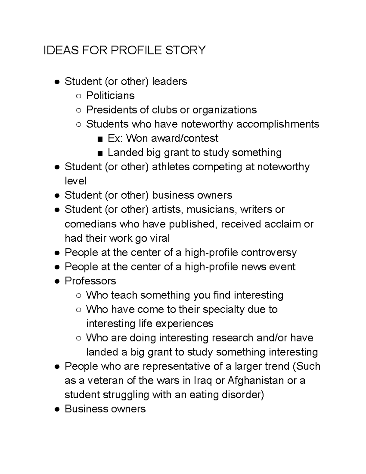 Profile ideas - IDEAS FOR PROFILE STORY Student (or other) leaders ...